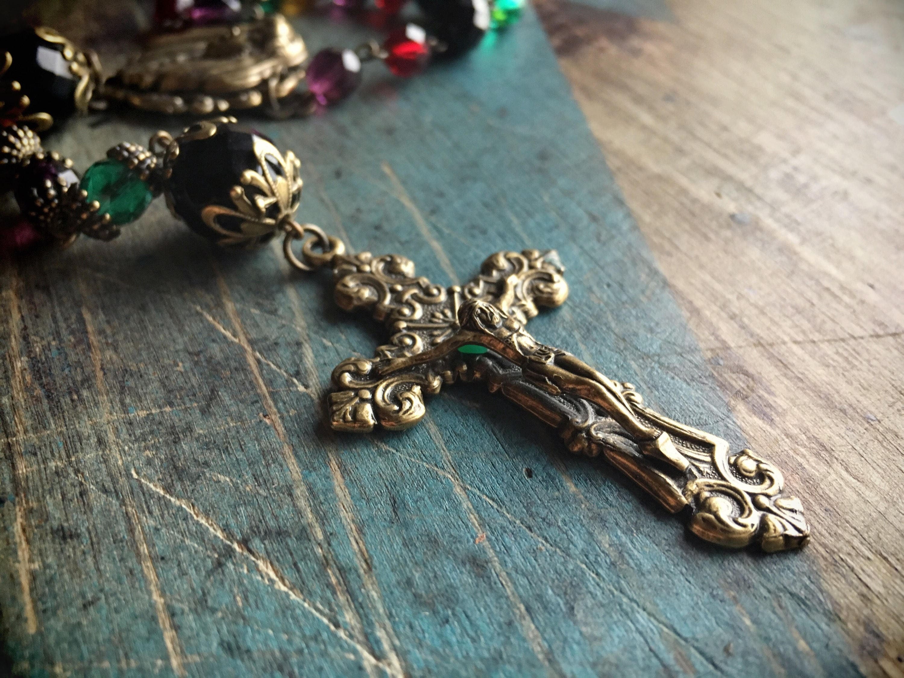 Rosary Necklace for Women Multi Color Beads Brass Crucifix, Religious ...