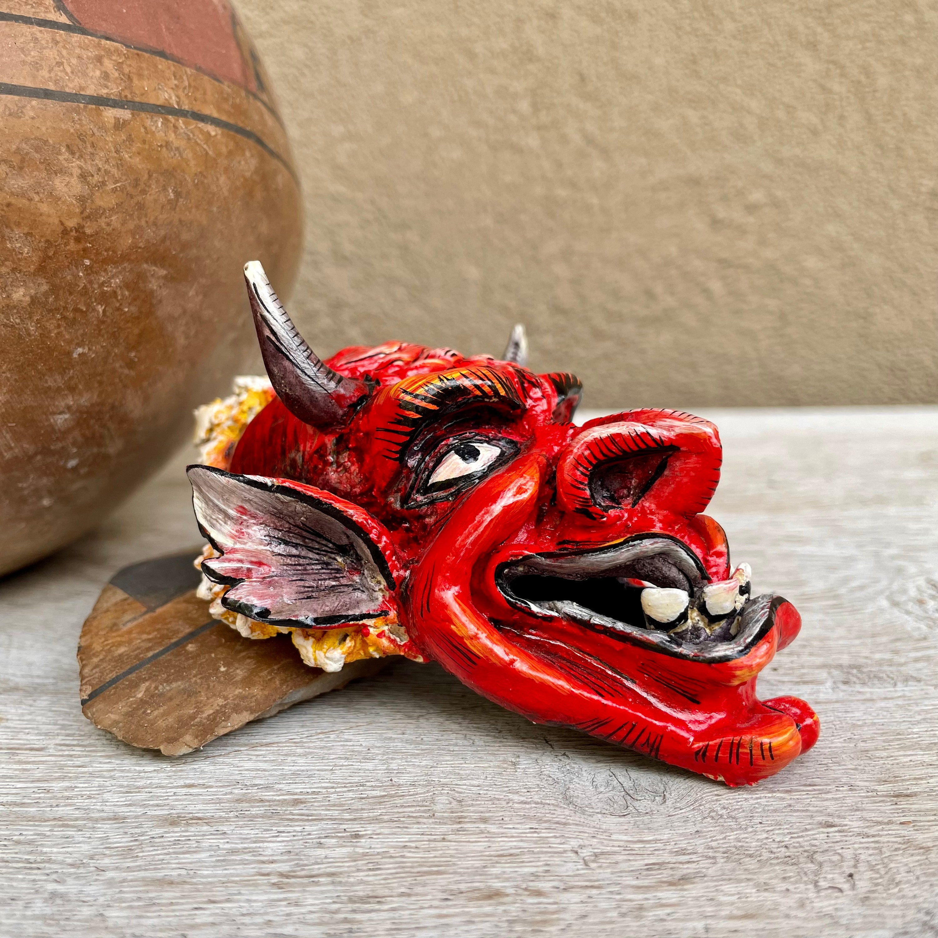 Vintage Peruvian Miniature Painted Clay Mask of Red Demon, Day of the ...