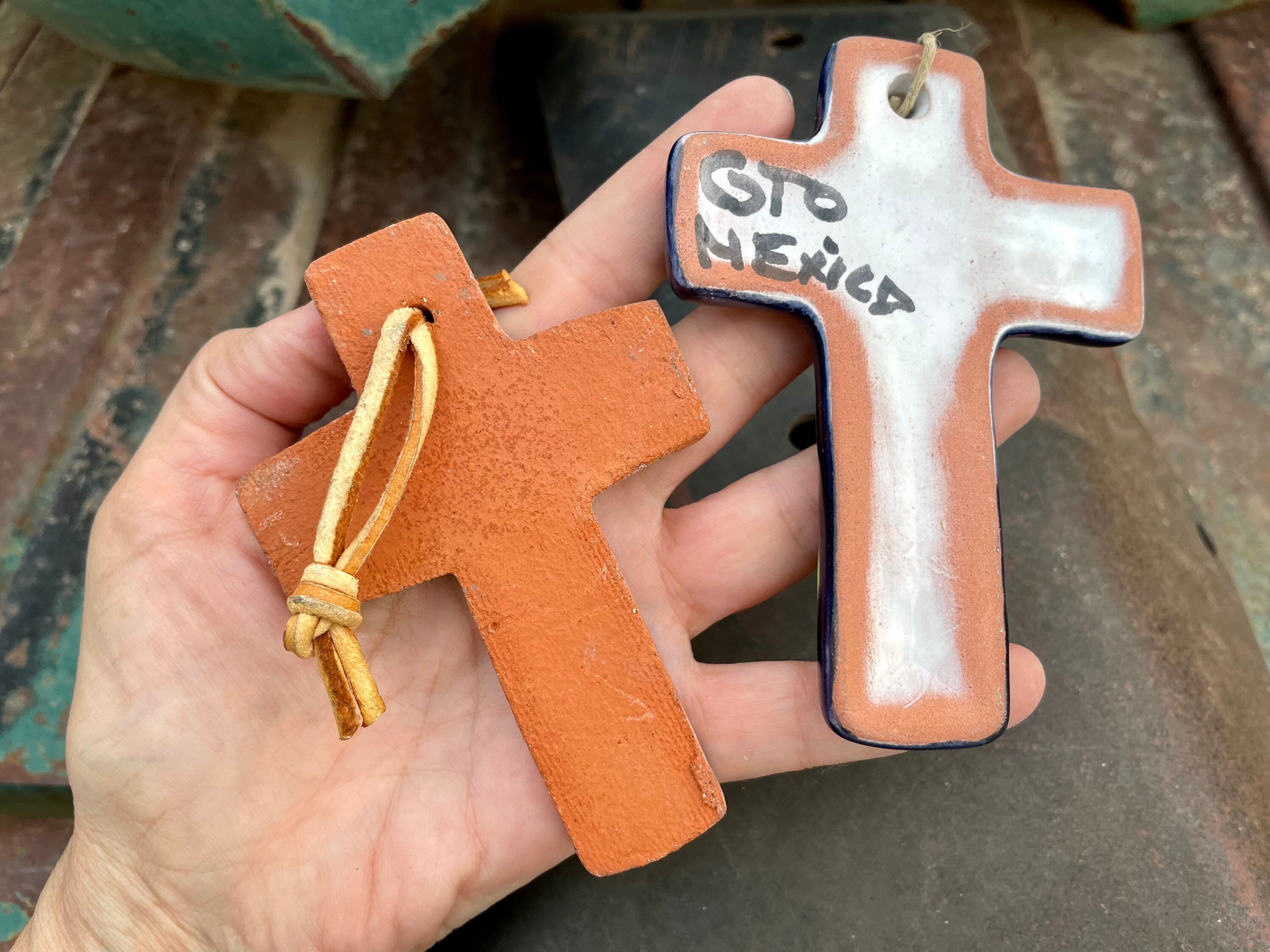 Two Vintage Small Ceramic Crosses from Mexico Wall Hangings, Folk Art ...