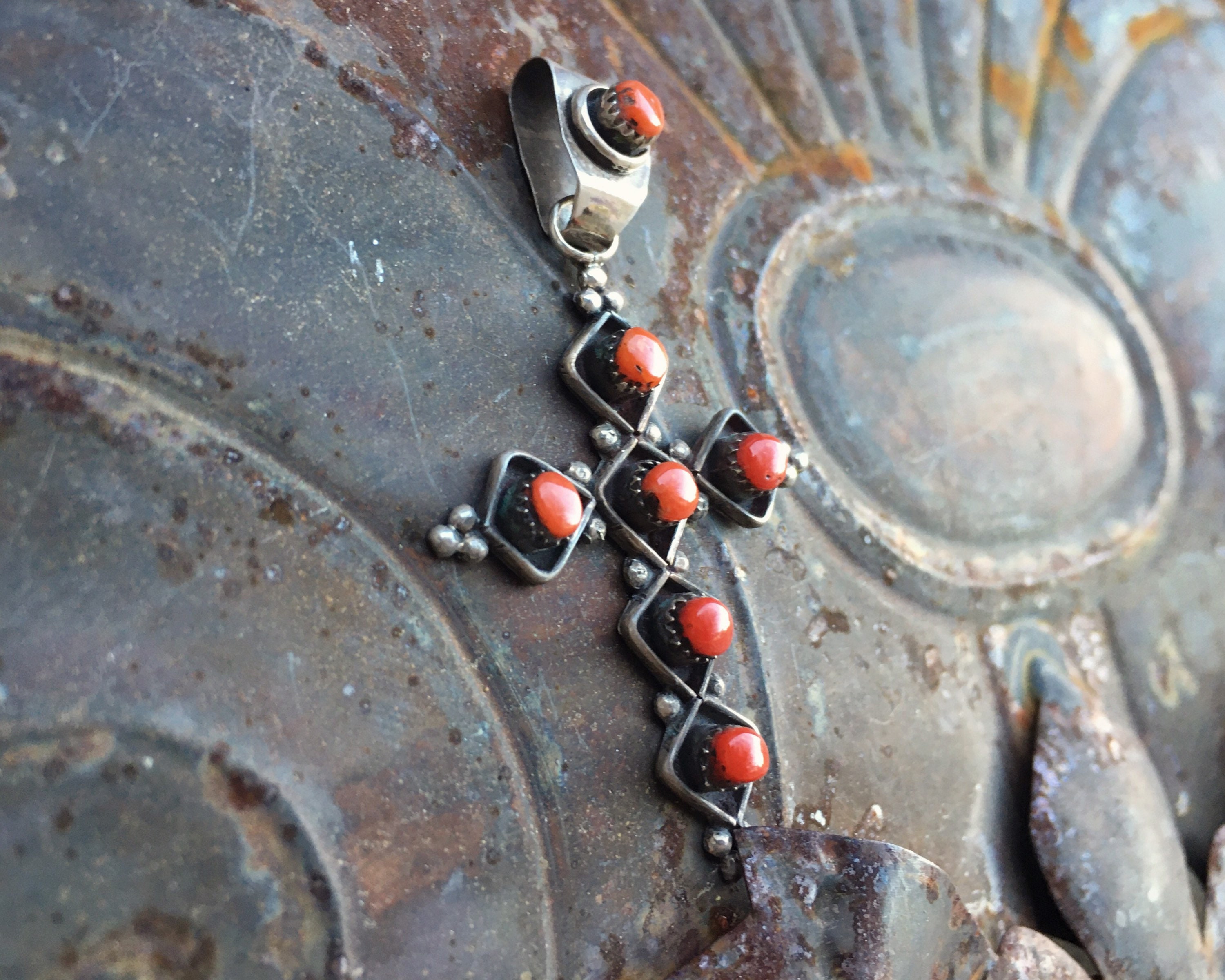 Signed Zuni Red Coral Cross Pendant for Women or Men, Native American ...
