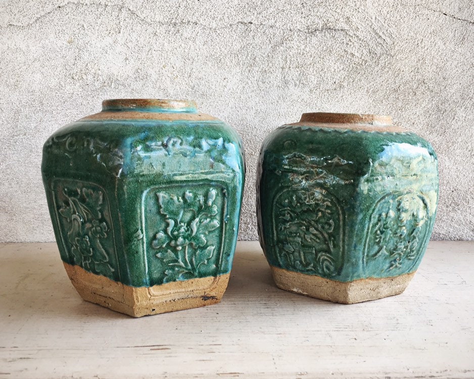Pair of Vintage Chinese Shiwan Pottery Green Glazed Ginger Jars Celadon ...