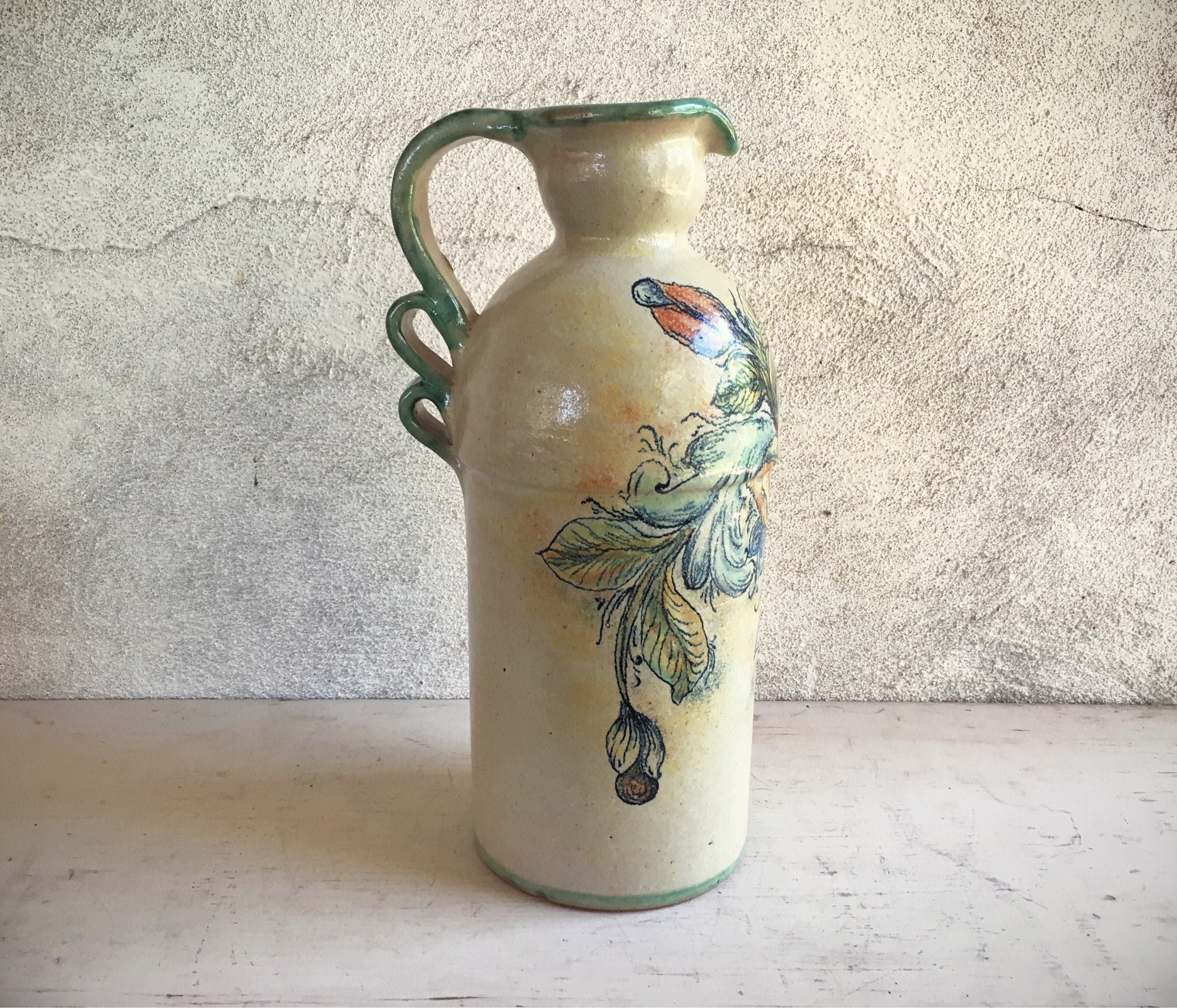 Vintage 12 tall pitcher vase Majolica pottery Capelo Guanajuato Mexican ...