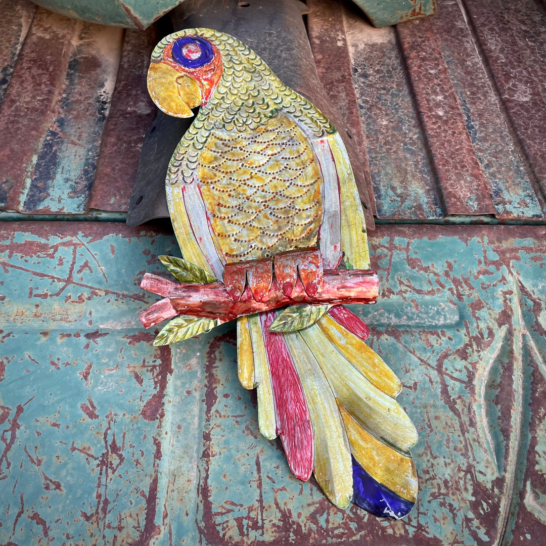 Vintage Distressed Faded Mexican Tin Parrot Folk Art Wall Hanging ...