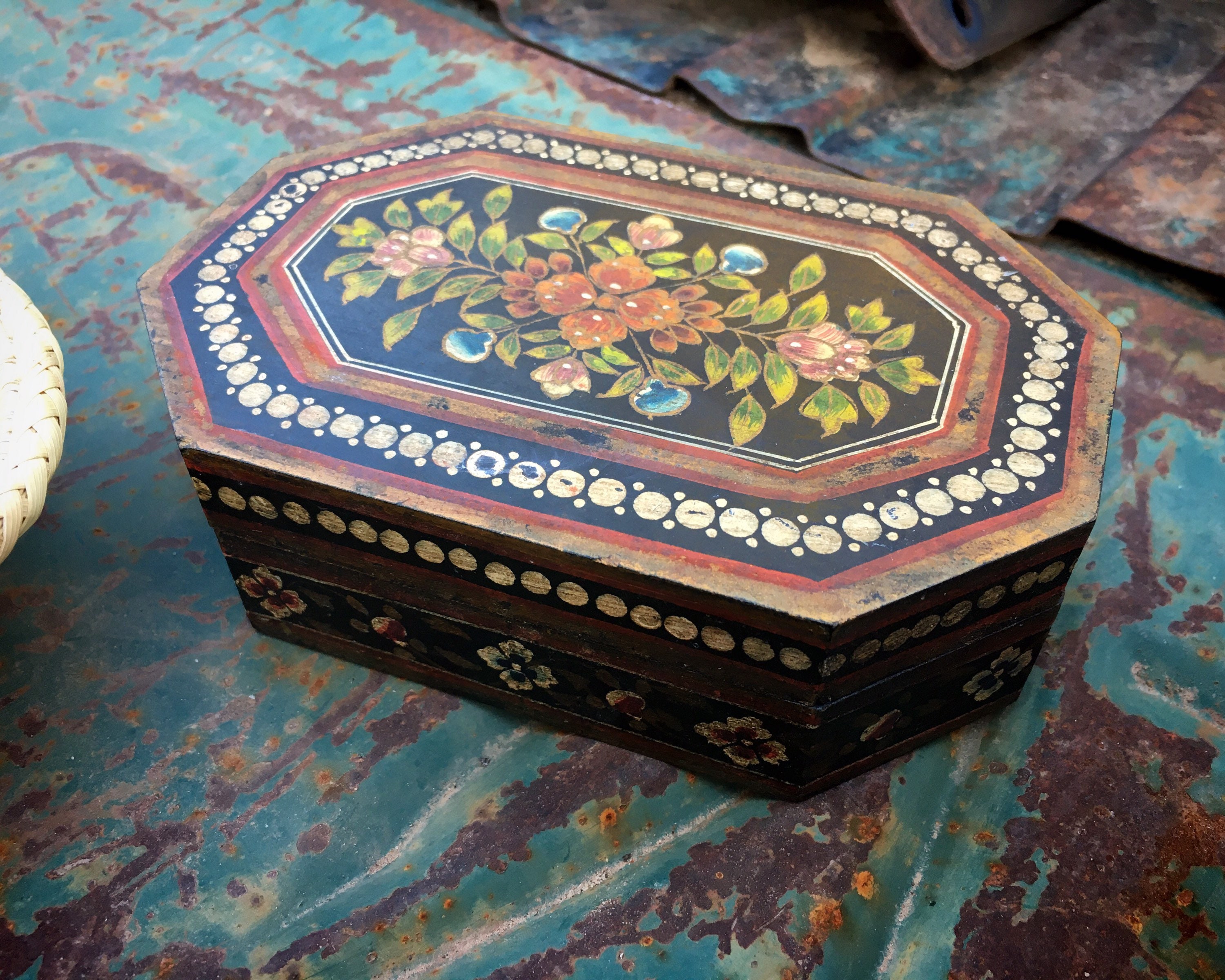 Small Flat Vintage Mexican Lacquer Painted Wood Box with Floral Design ...