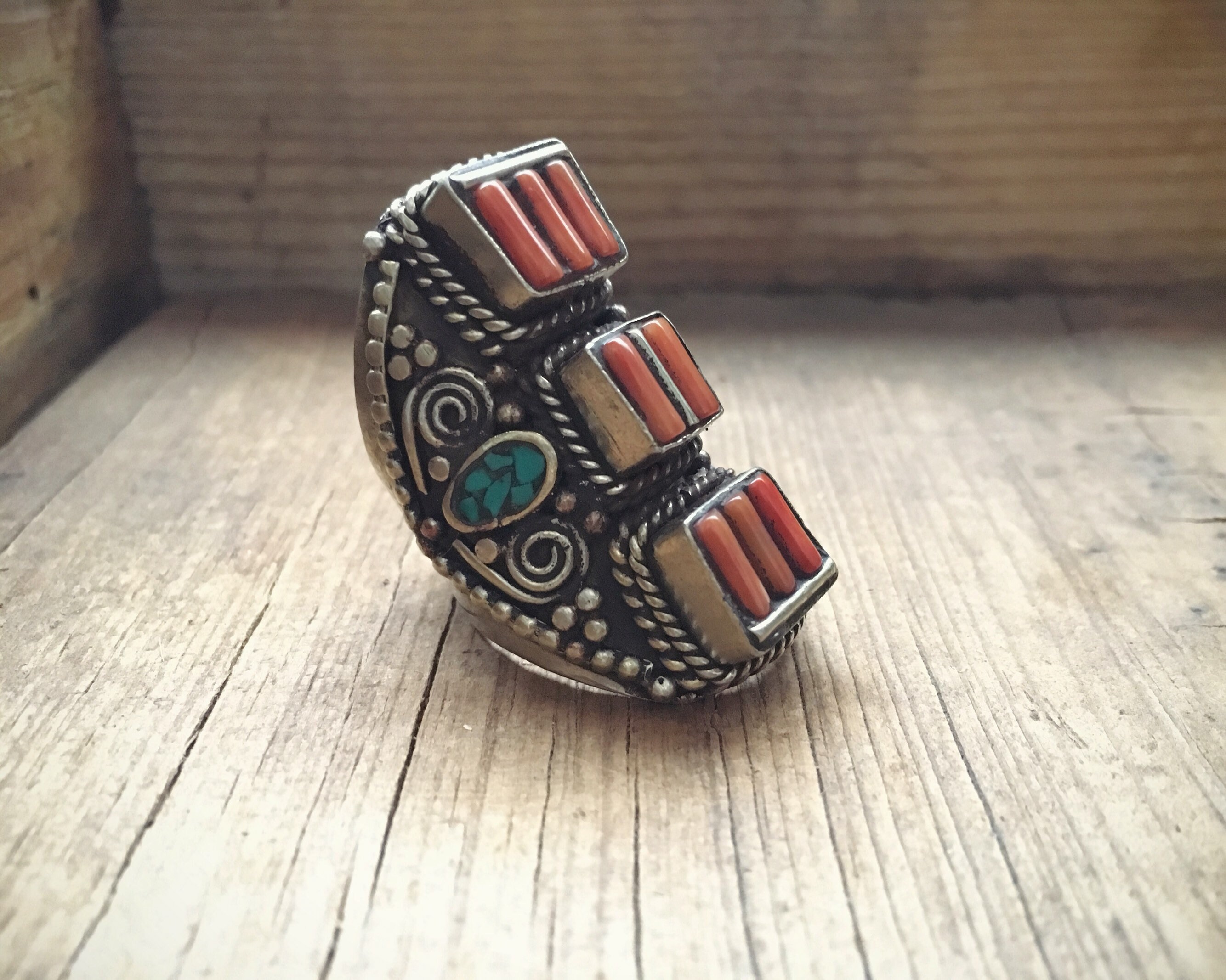 Large Vintage Tribal Ring for Women Size 7.75 Coral Turquoise German ...