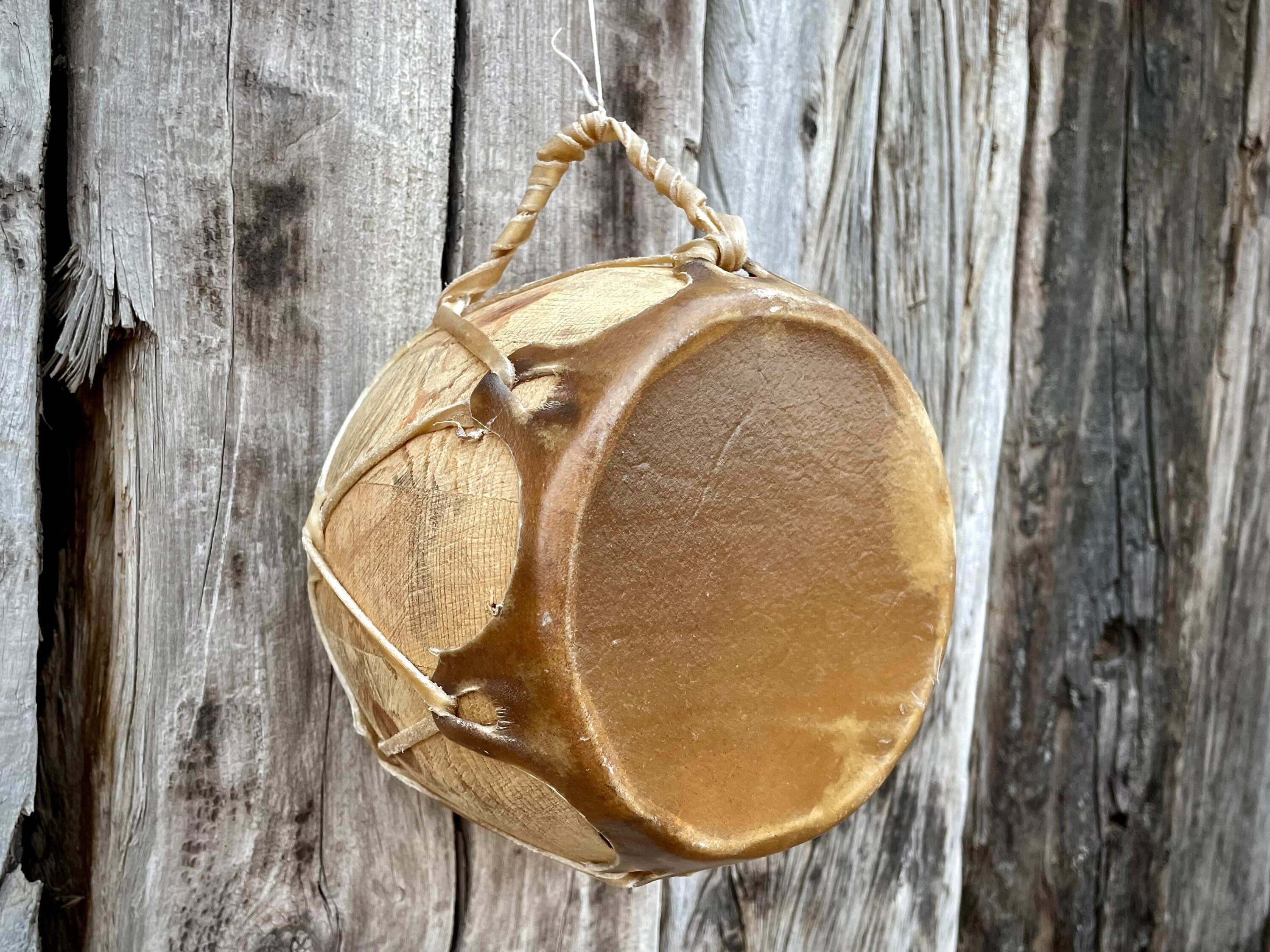Vintage Native American Indian Log Drum with Hide Top Tether Handle and ...