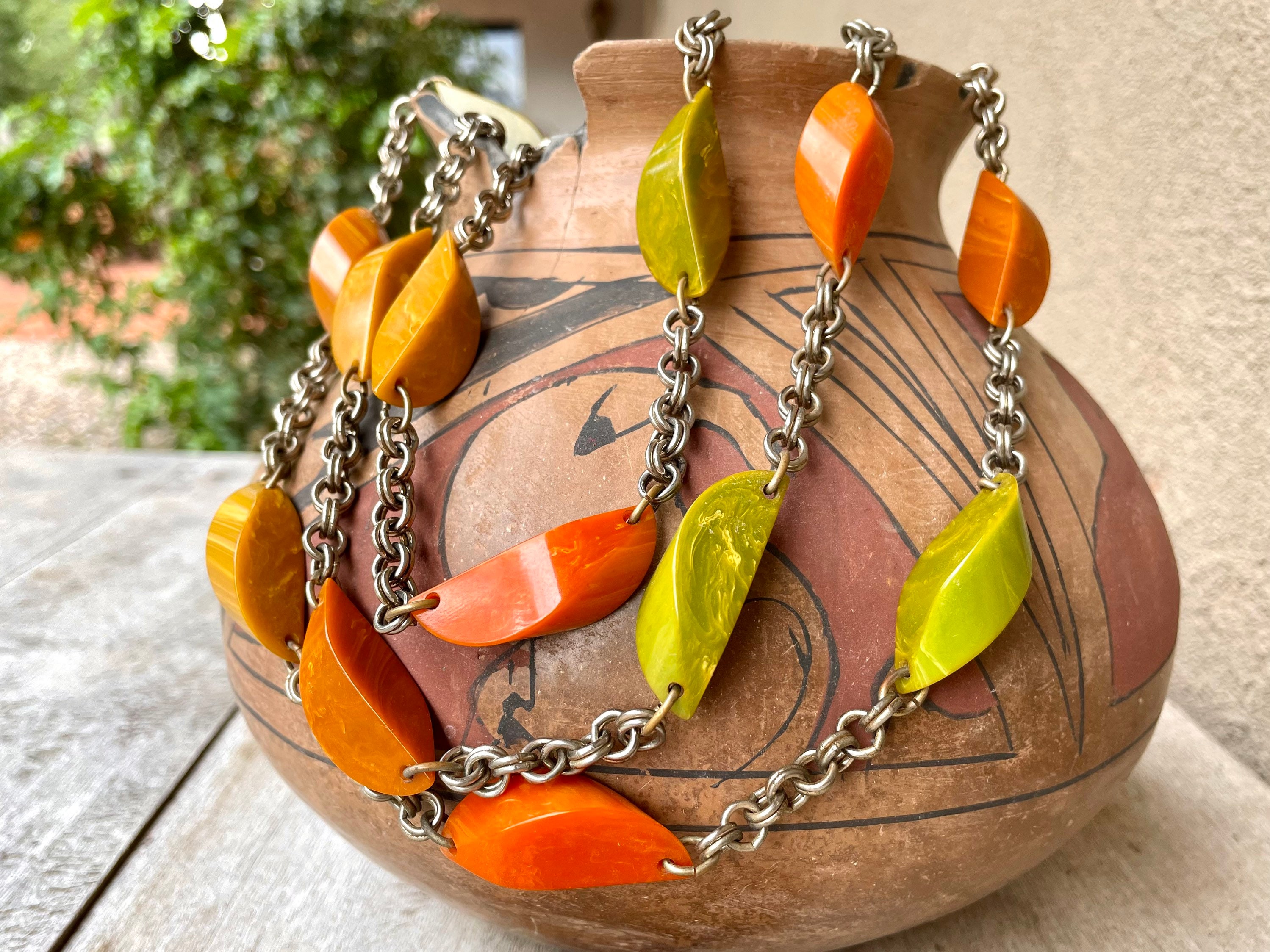 Vintage Bakelite Wedge Necklace Approx 60 in Autumn Tones Rust Green ...