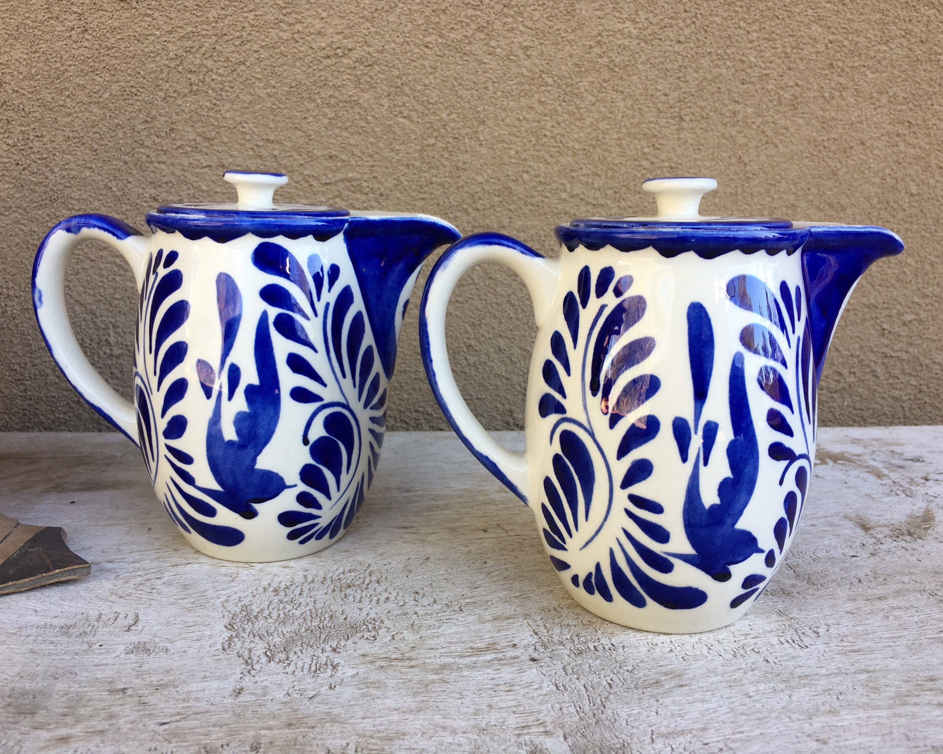 Two Mexican Anfora Puebla Blue Lidded Pitcher Creamers, Blue and White ...