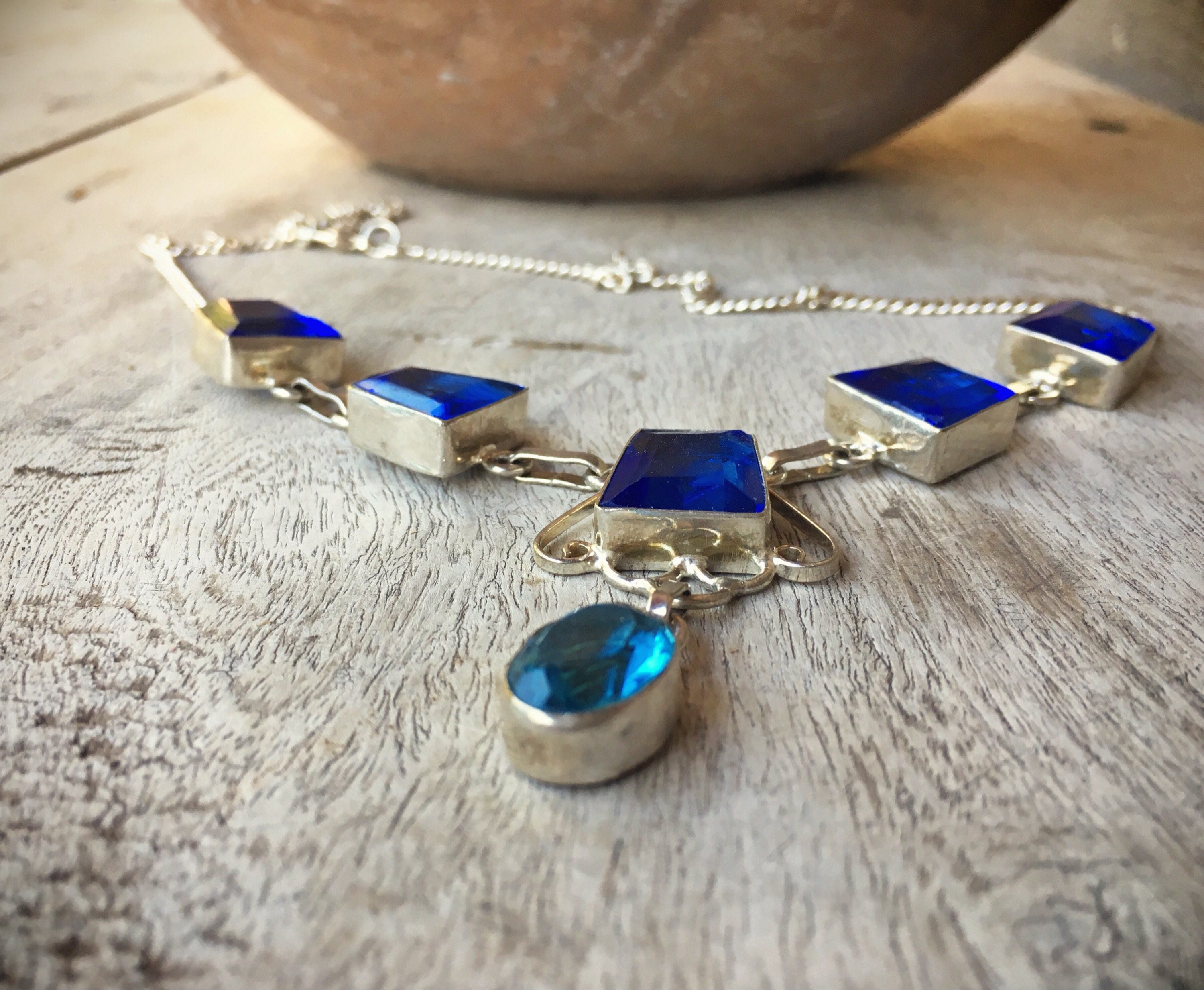 Vintage modernist sterling silver blue crystal necklace, aqua blue ...