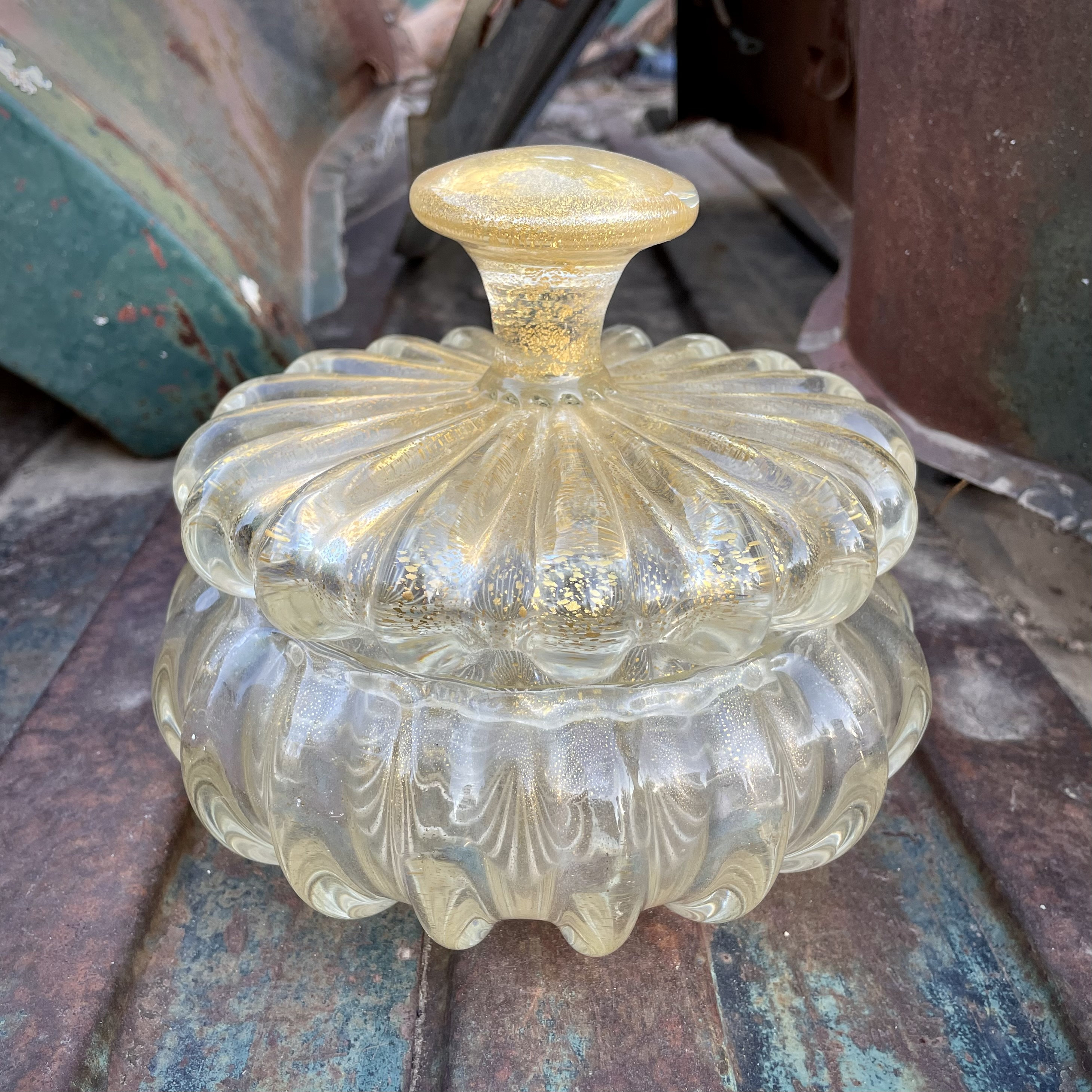 Vintage Murano Bullicante Gold Fleck Lidded Art Glass Powder Box ...