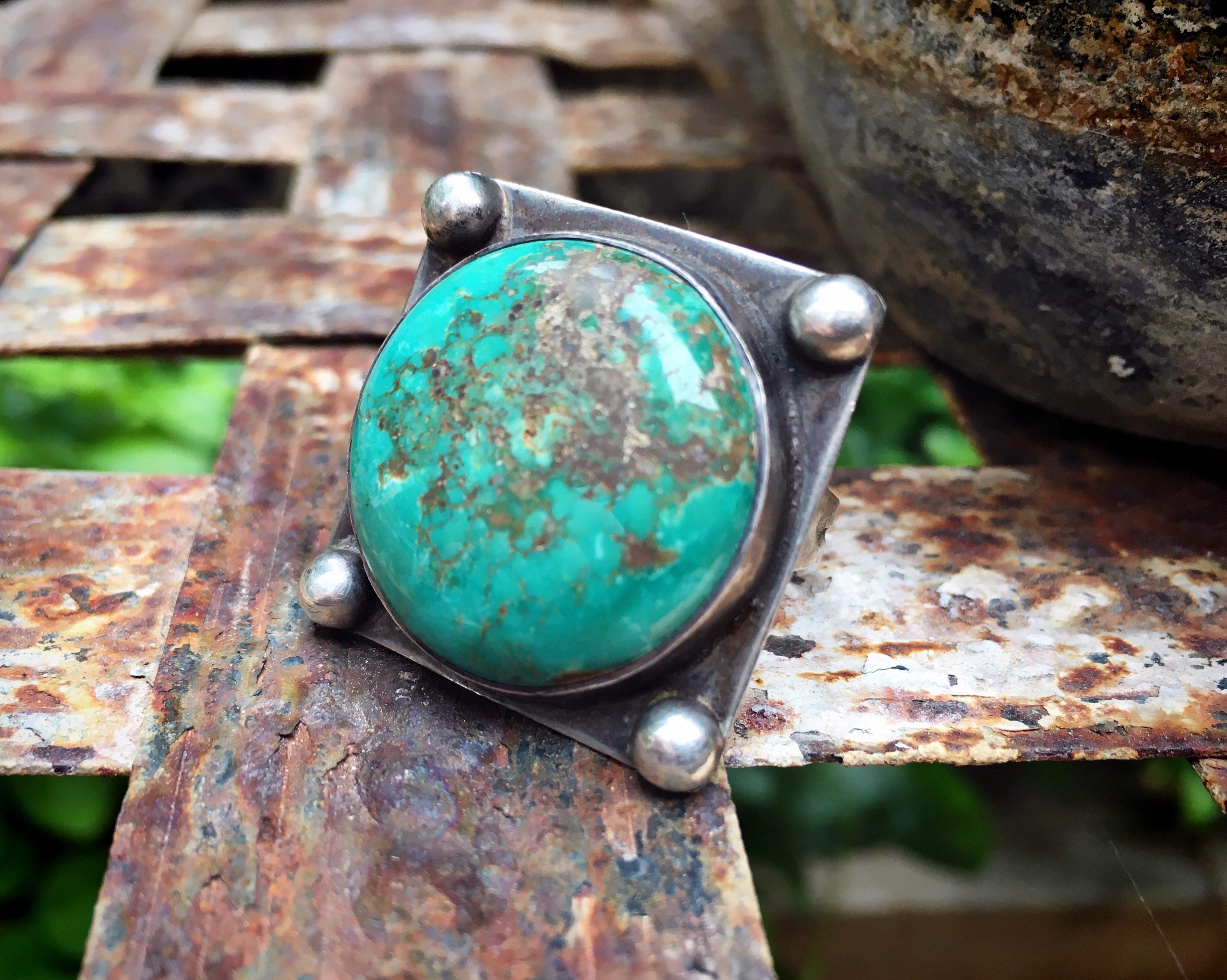 Modernist 1930s Natural Turquoise Stone Ring on Square Silver ...
