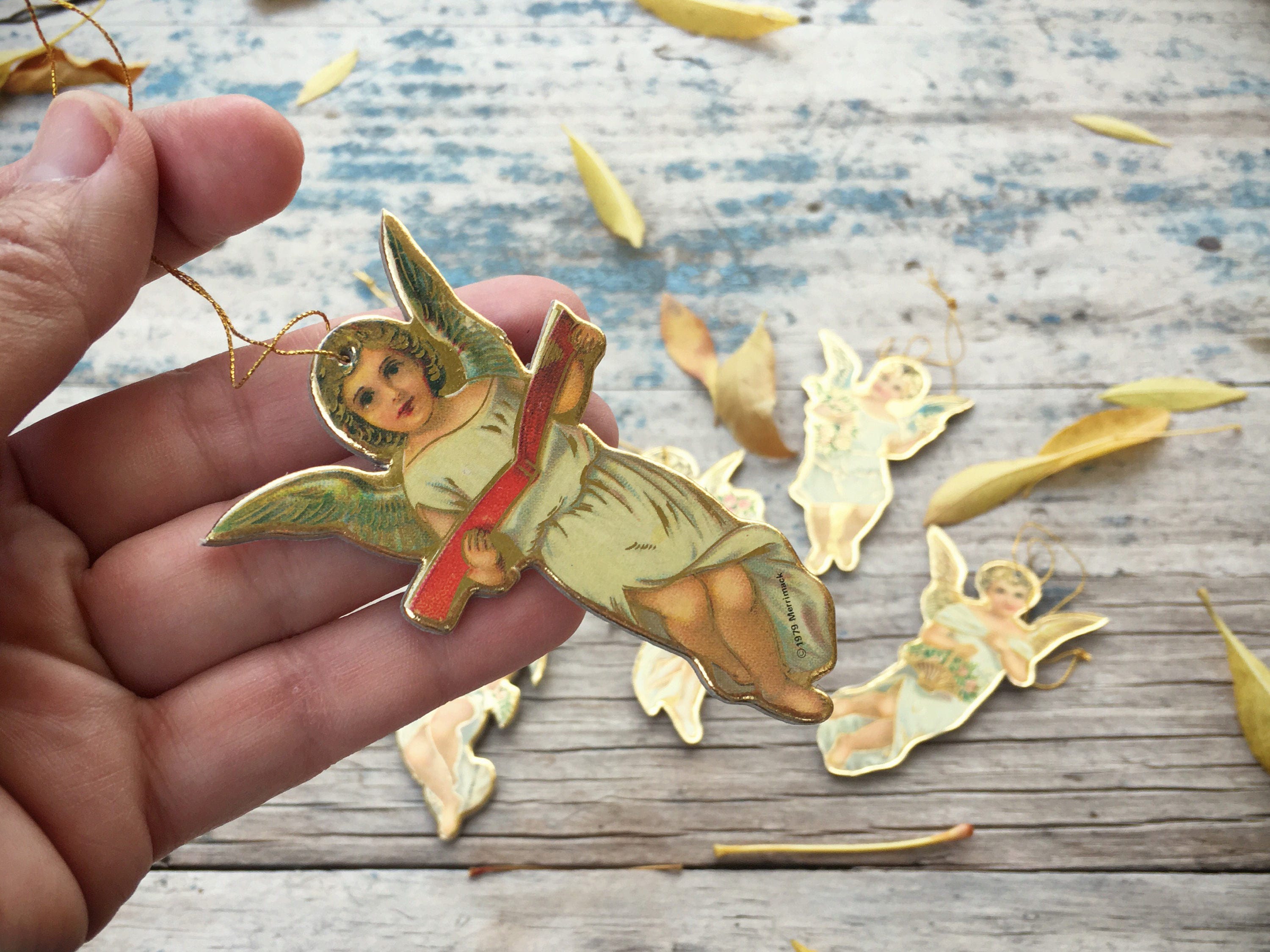 Six Vintage Christmas Ornaments Cardboard Paper Victorian Angels