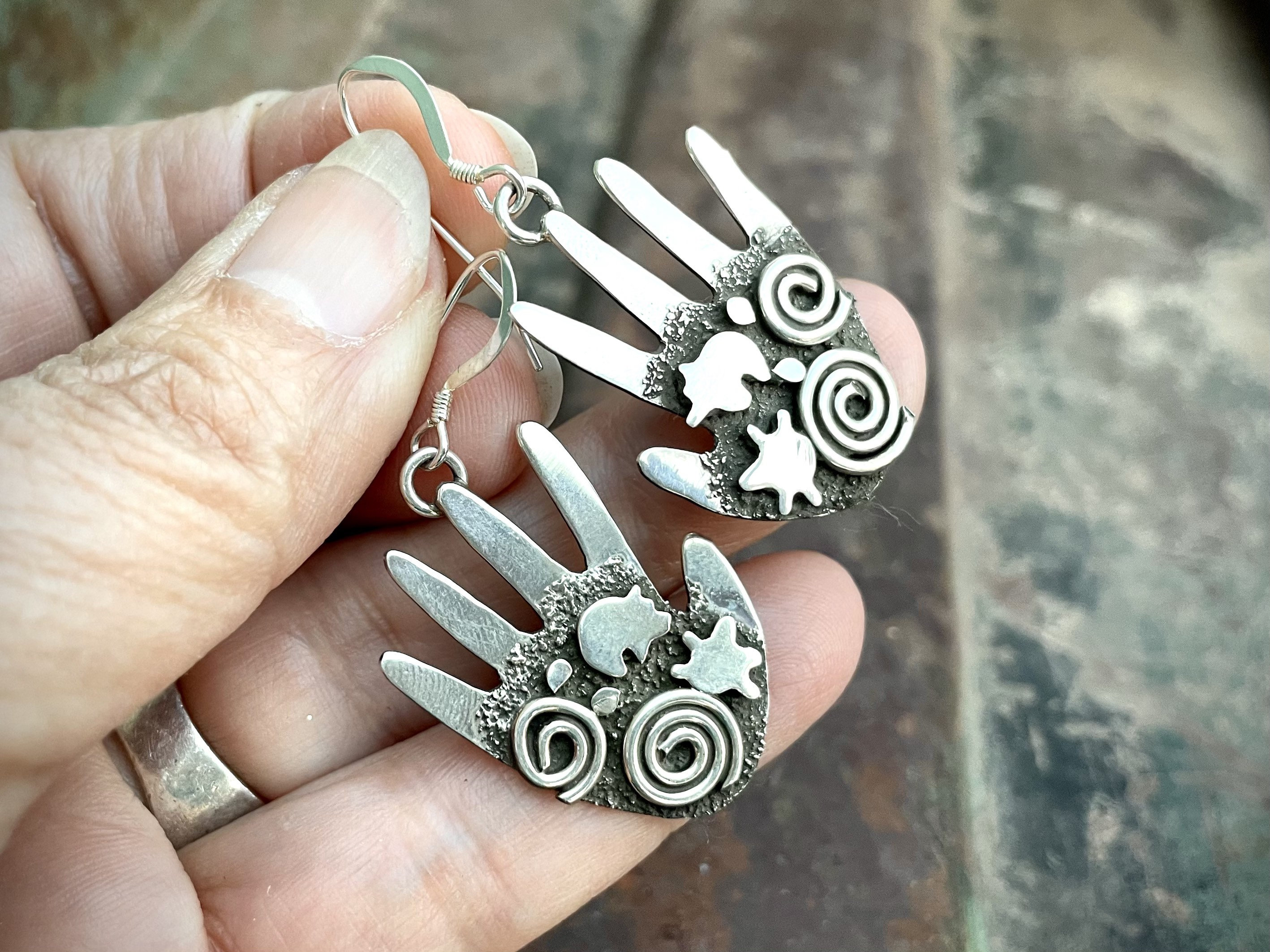 Sterling Silver Hand Shaped Earrings by Alex Sanchez, Native American ...