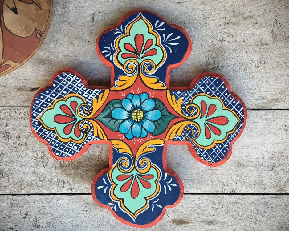 Wooden Painted Wall Cross in Talavera Style with Blues and Reds ...