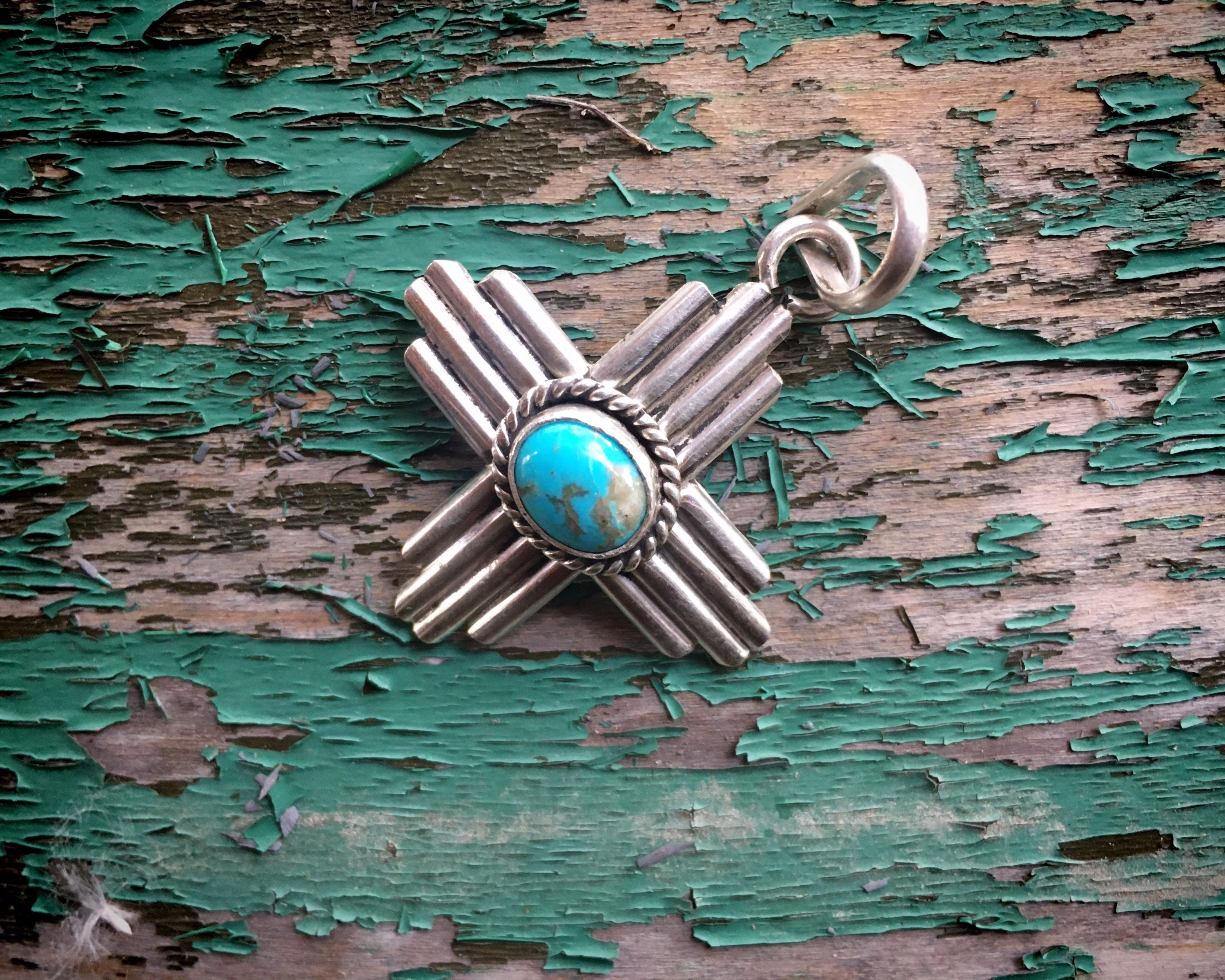 Sterling Silver and Turquoise Zia Pendant for Necklace, Native America ...