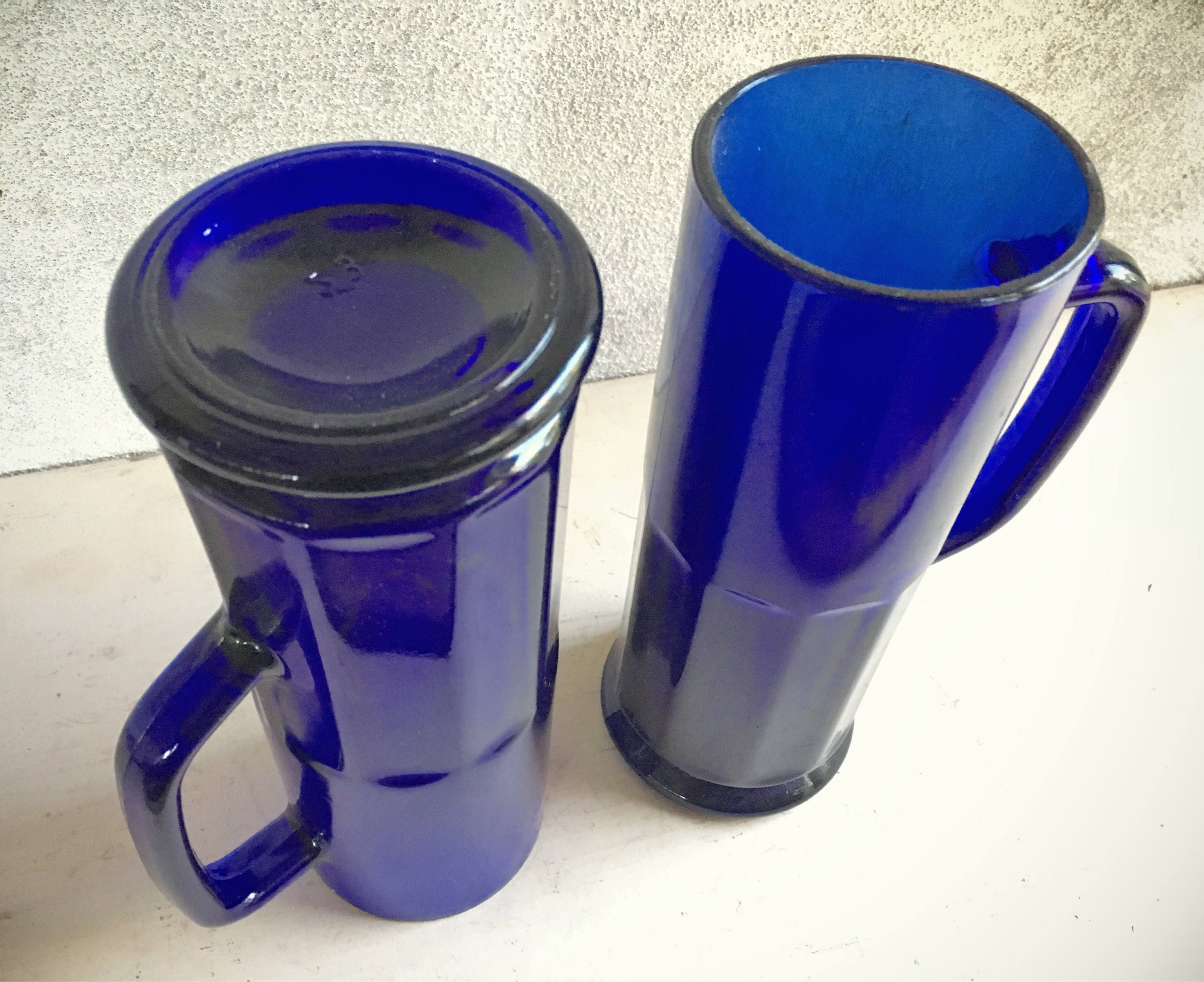 Pair of vintage heavy cobalt blue glassware steins pub mugs barware ...
