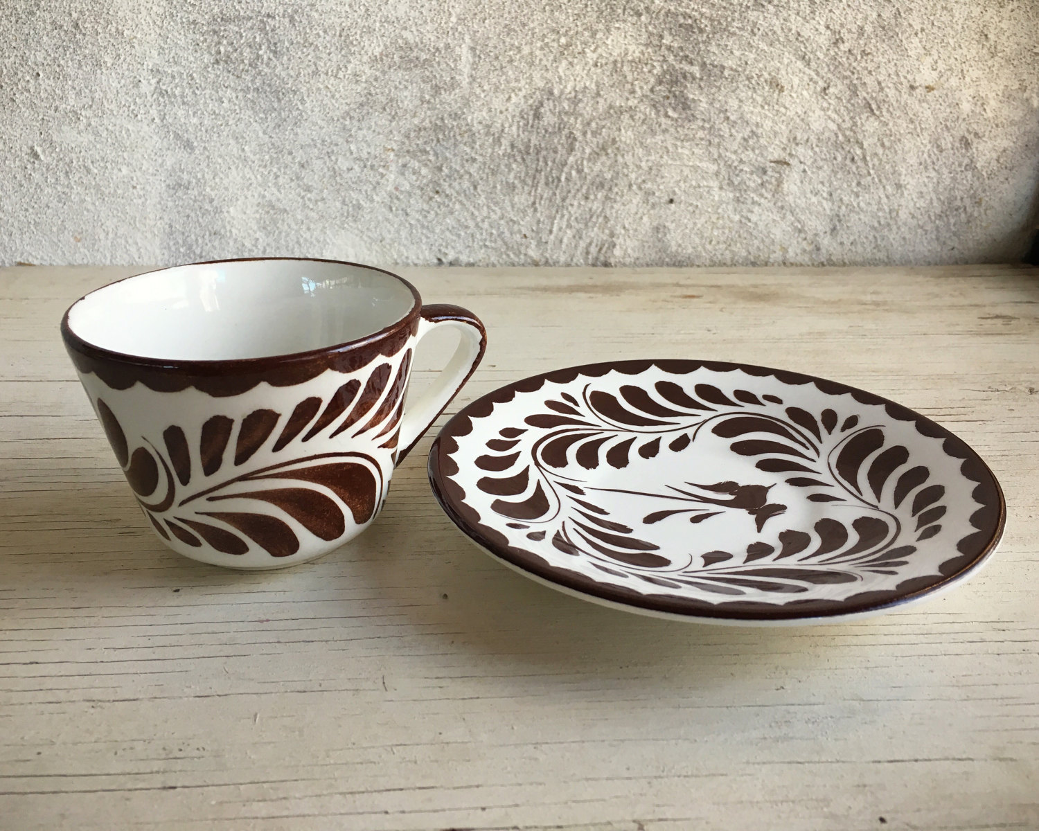 Vintage Mexican Anfora Puebla Brown cup saucer, Anfora flat cup, brown ...