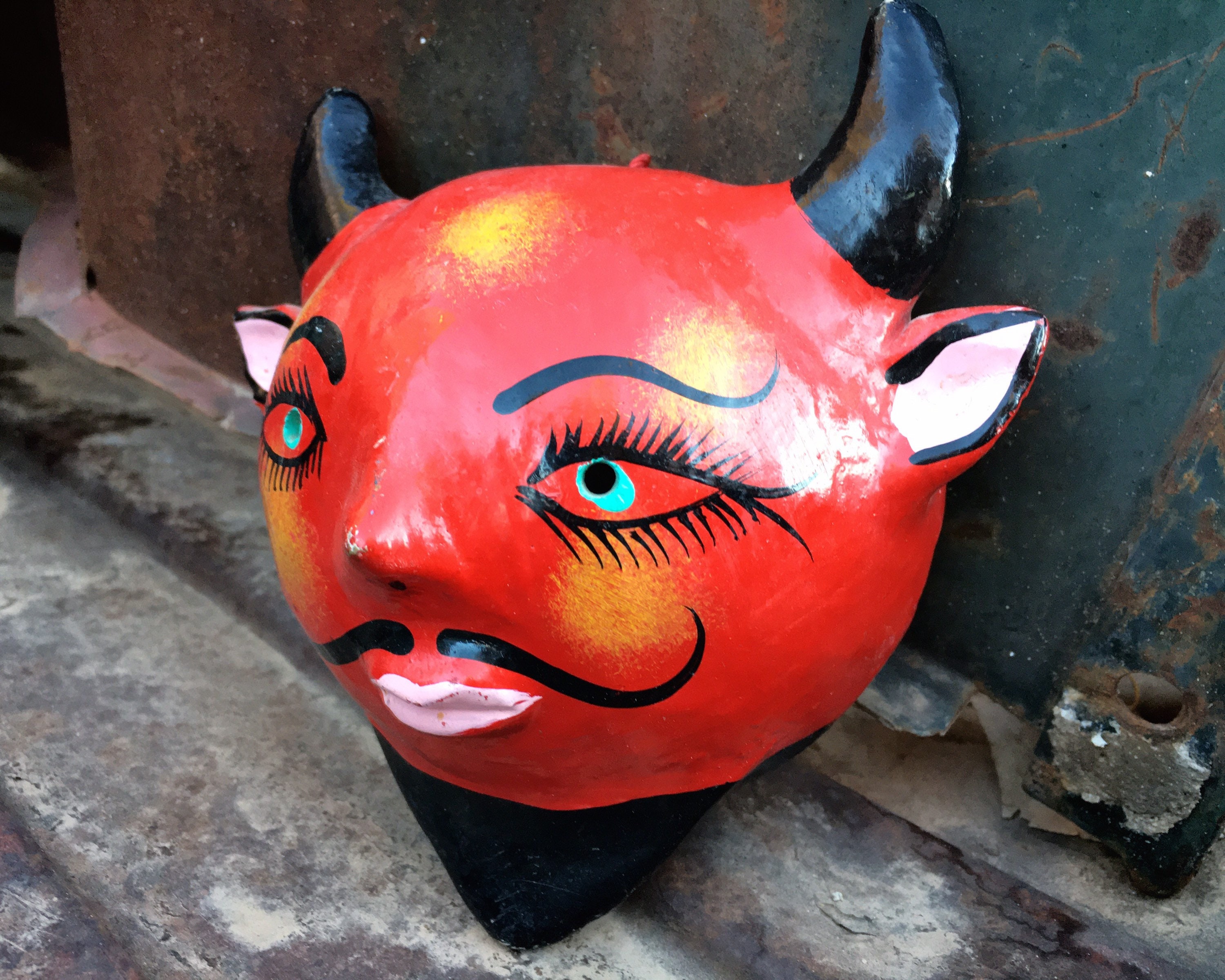 Vintage Mexican Folk Art Demon Mask Coconut Shell Wall Hanging, Mexican ...