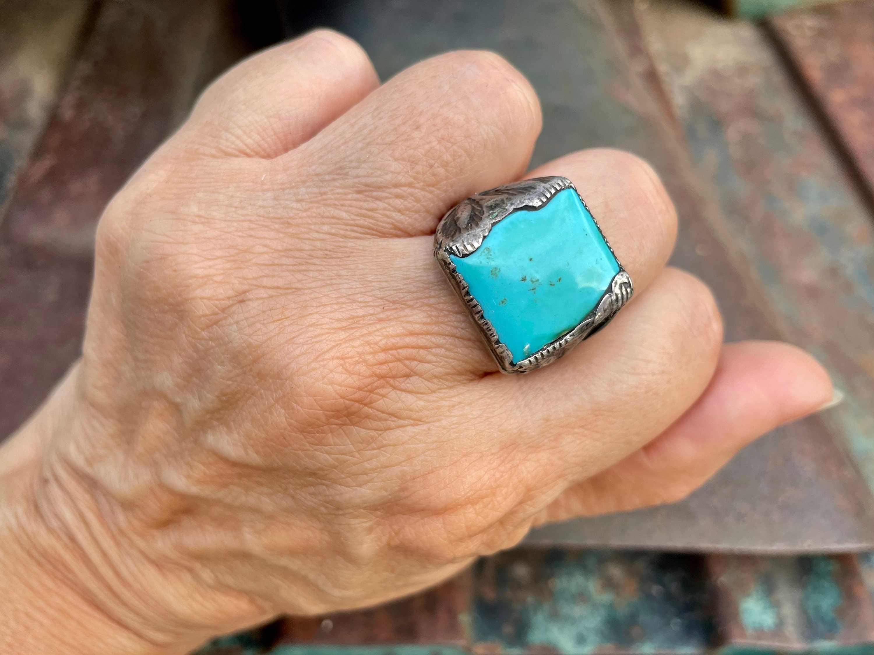 Vintage Blue Turquoise Biker Ring Size 11.75, Square Shape, Mexican ...