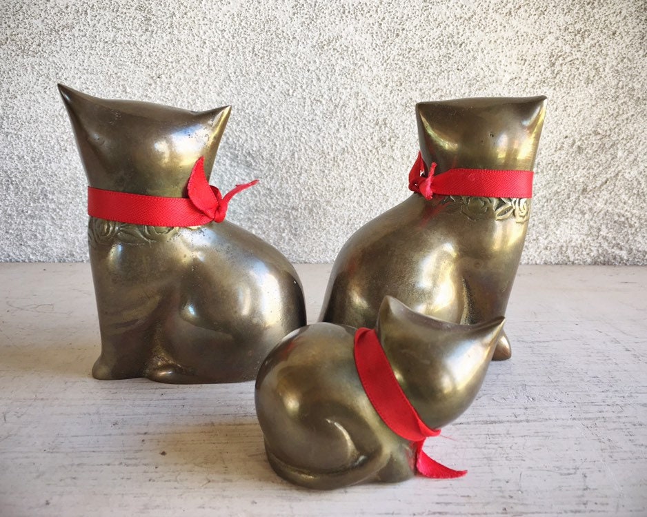 Three Vintage Brass Cats Family Figurines Statues, Cat Lover Gift for ...