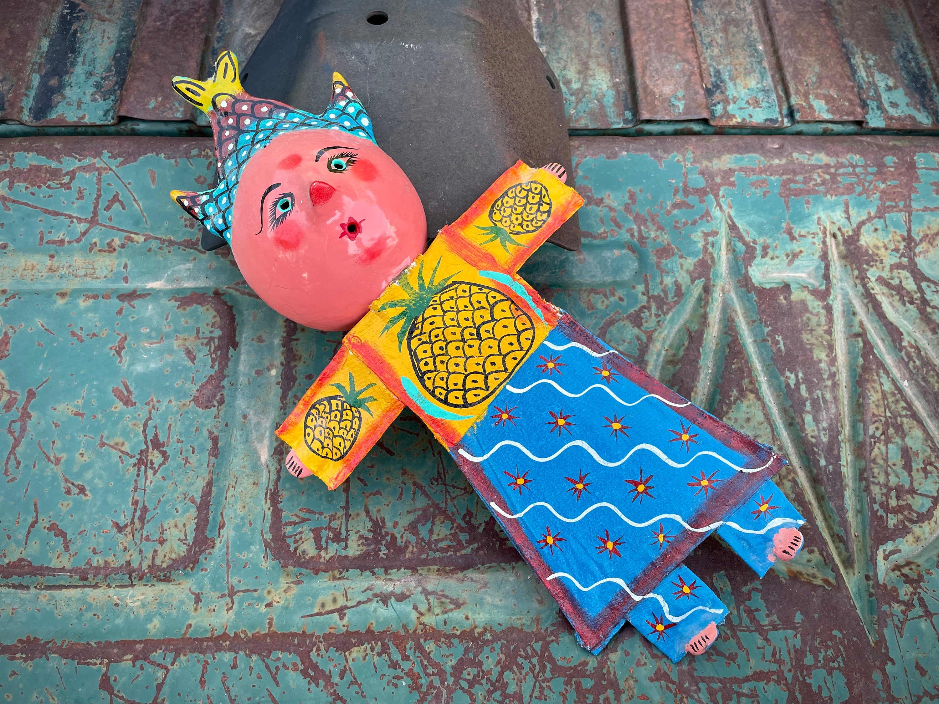 Vintage Mexican Folk Art Fish Head Lady Coconut Shell Wall Hanging with ...