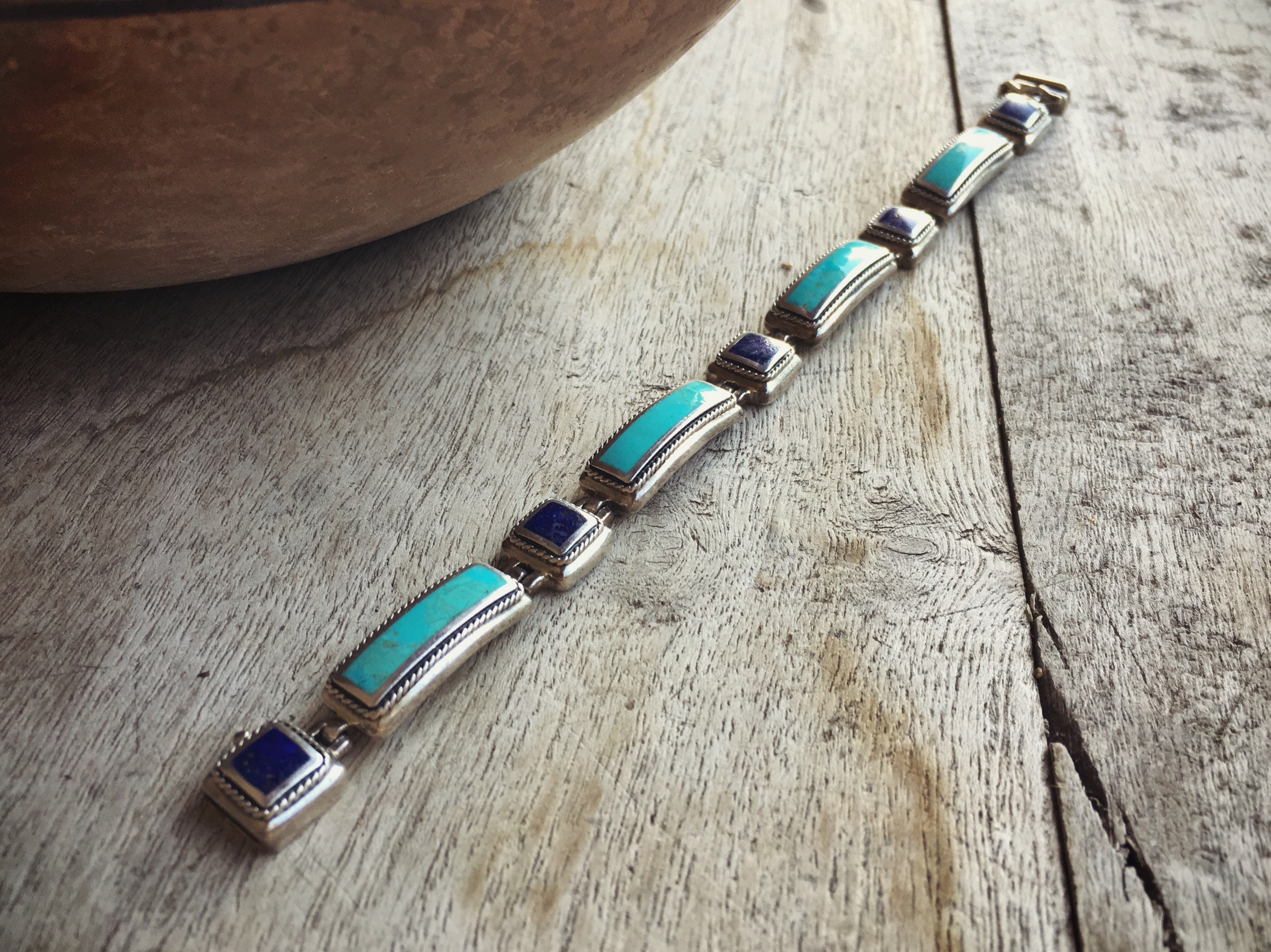 Vintage Turquoise Lapis Lazuli Panel Link Bracelet, Sterling Silver ...