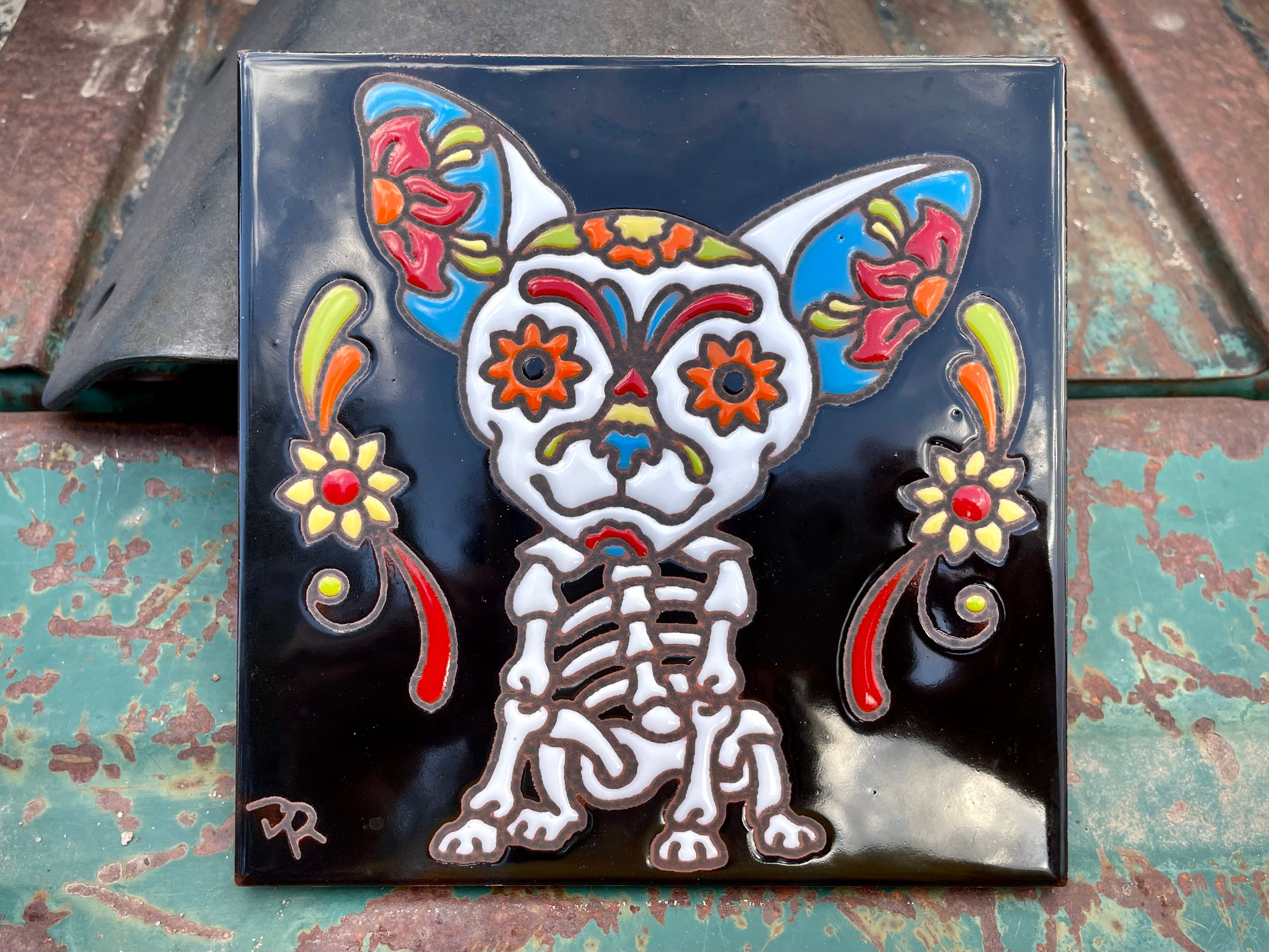 Vintage Chihuahua Dog Calavera Ceramic Tile Trivet Just Under 6x6 ...