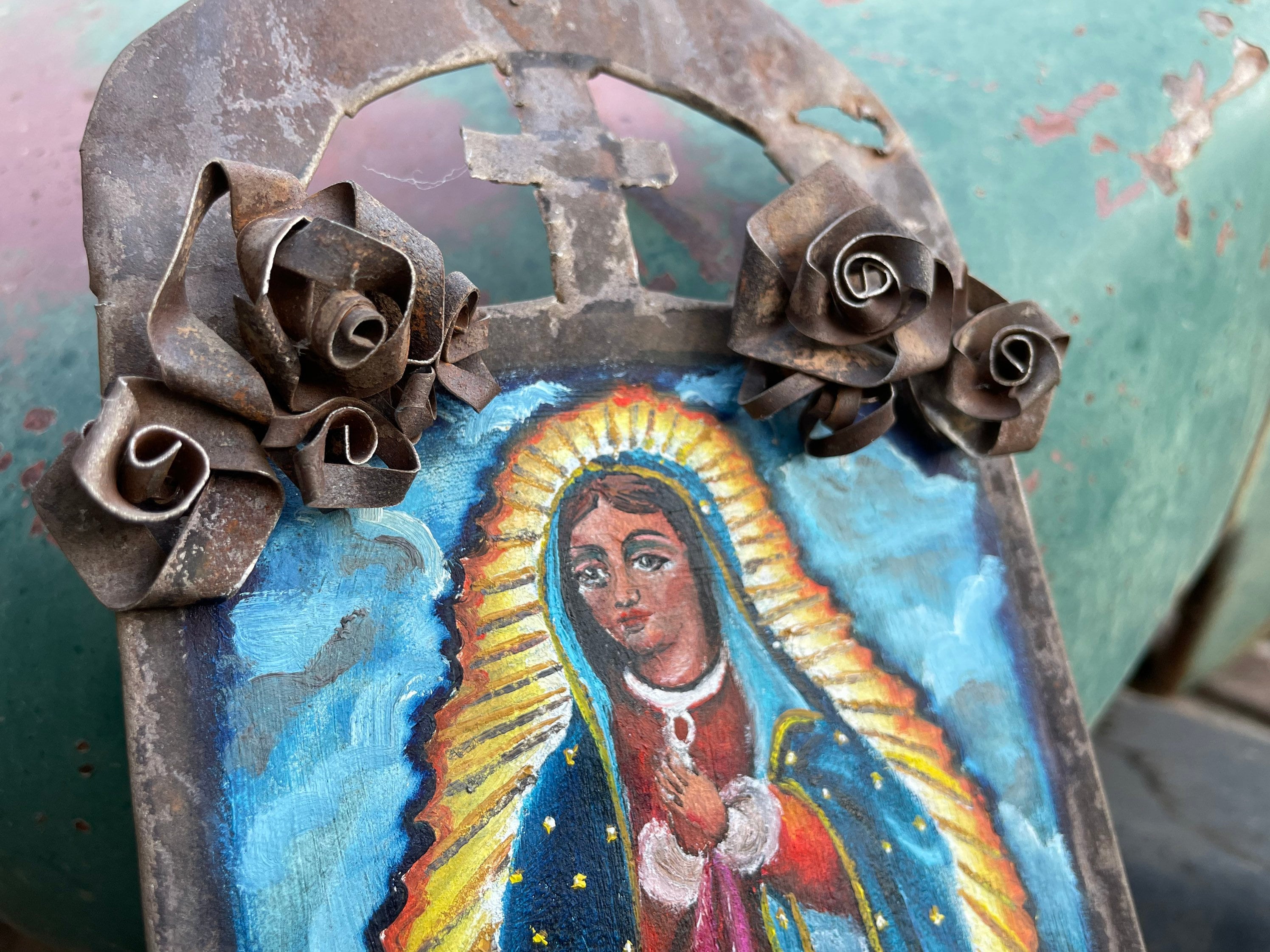 Painted Tin Metal Our Lady of Guadalupe Small Retablo, Altar ...