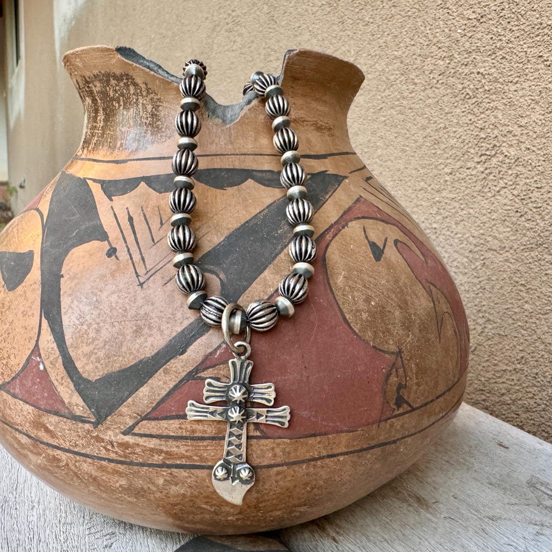 Stamped Sterling Silver Isleta Cross Pendant on Fluted Bead Navajo ...