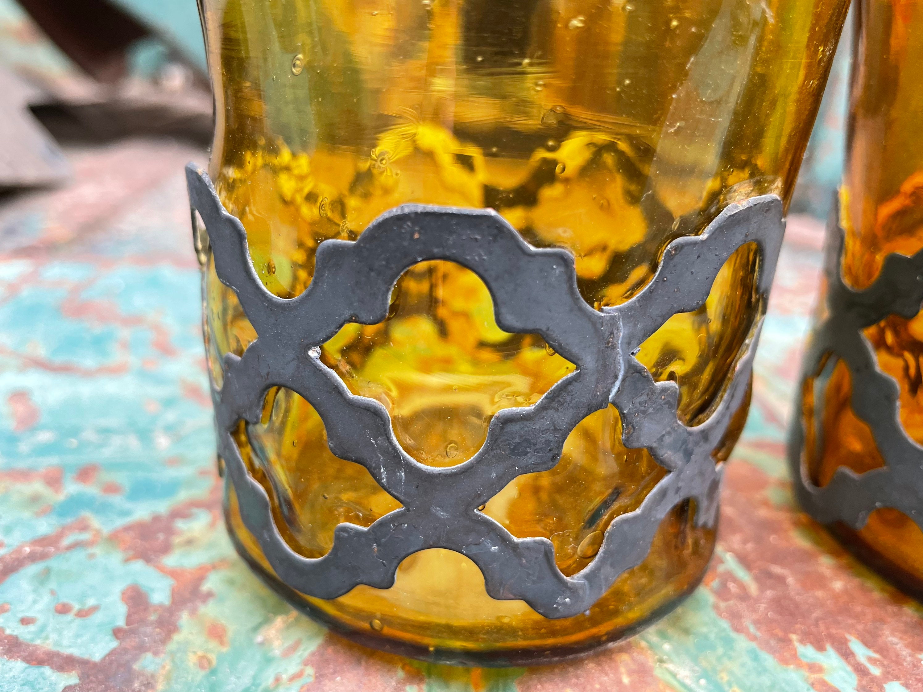 Four Mismatched Hand Blown Caged Amber Glasses Mexican Glassware ...