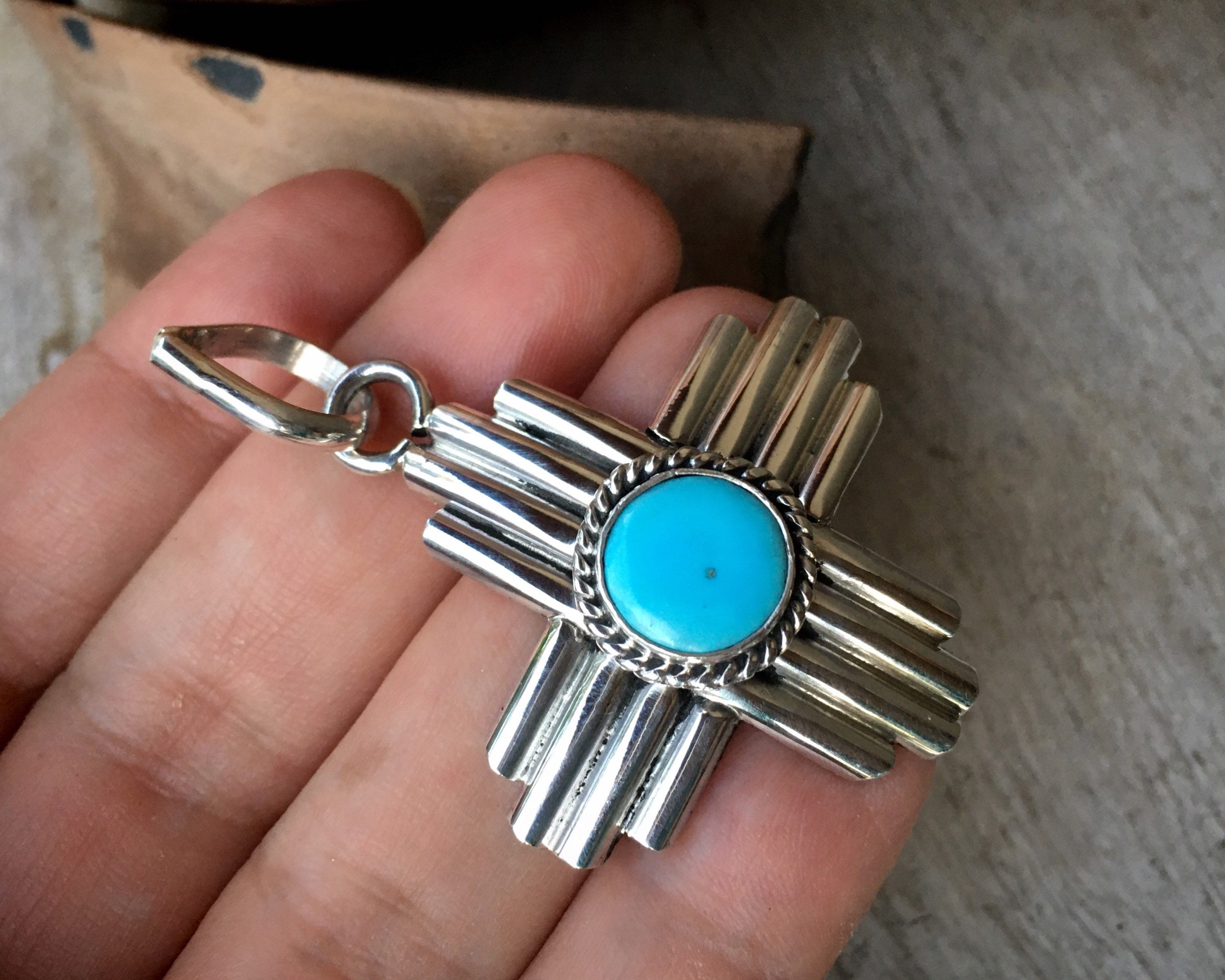 Sterling Silver and Turquoise Zia Pendant for Necklace, Native America ...