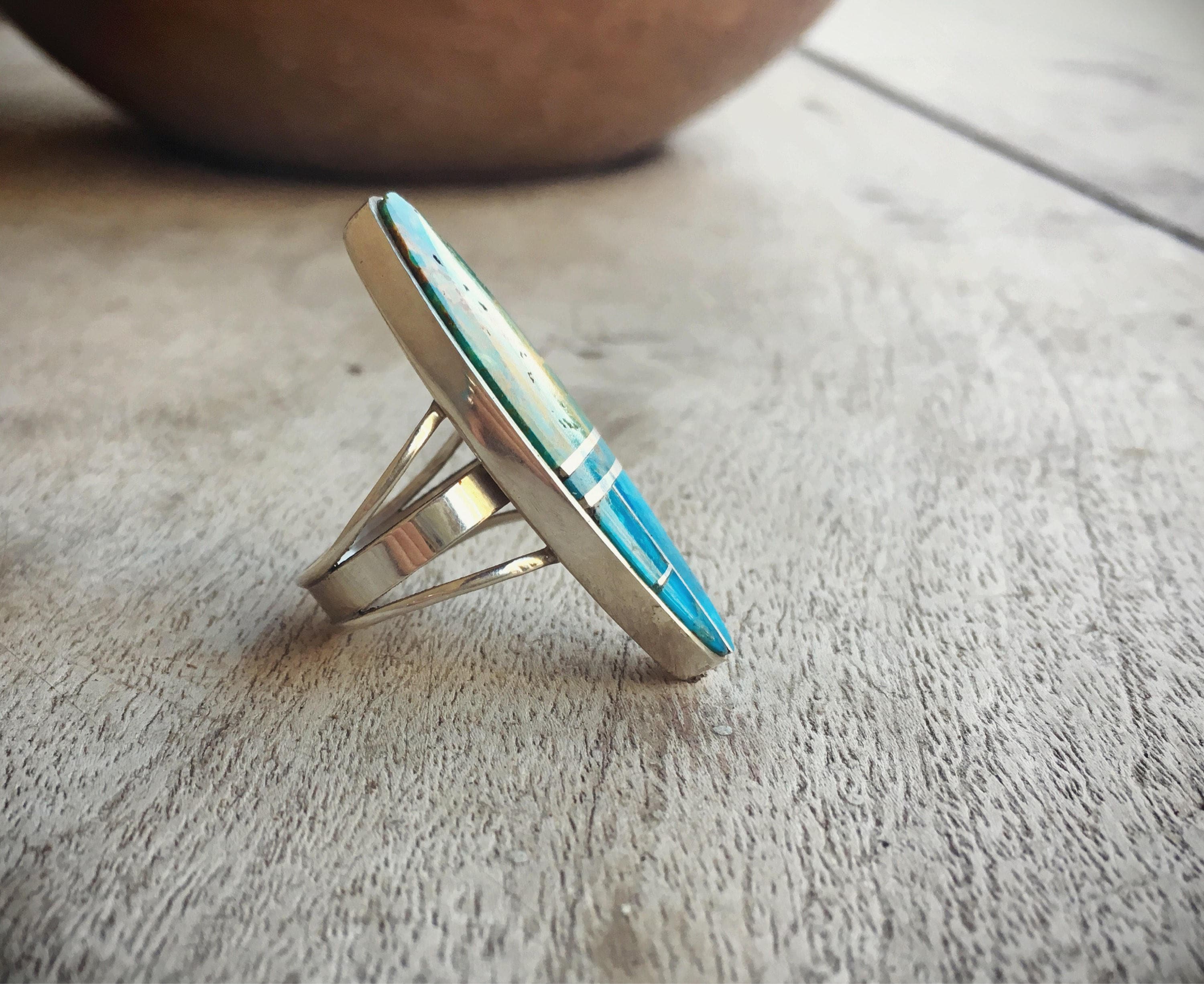 Large Turquoise Ring Native American Ring Channel Inlay, Turquoise ...