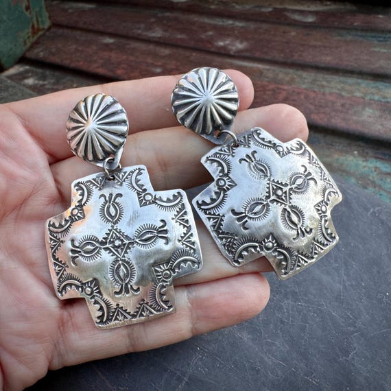 Large Sterling Silver Concho Cross Earrings by Navajo… - Gem
