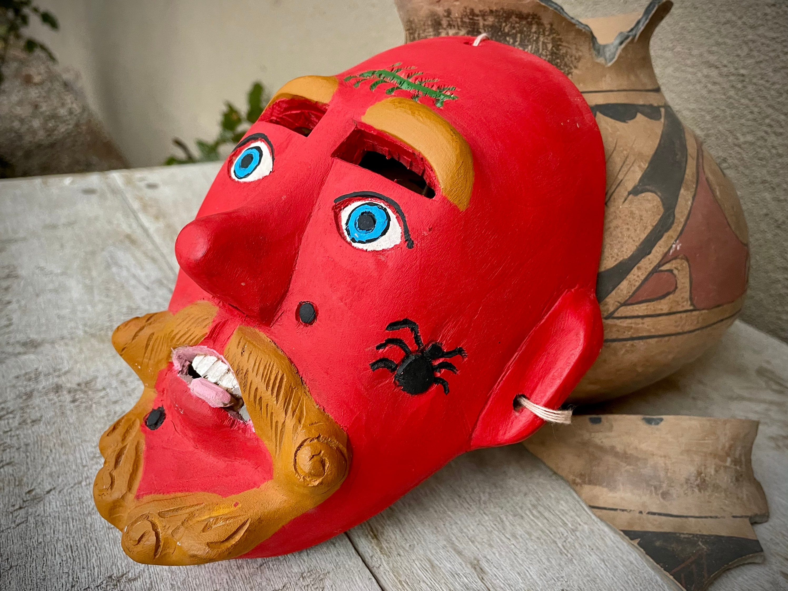 Carved and Painted Wood Mask Red Face Man Spider on Cheek, Peru ...