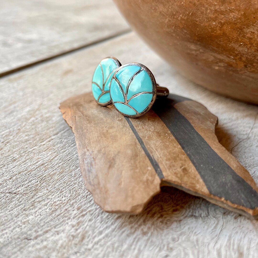 Vintage Turquoise Channel Inlay Cufflinks, Zuni Fish Scale Pattern ...