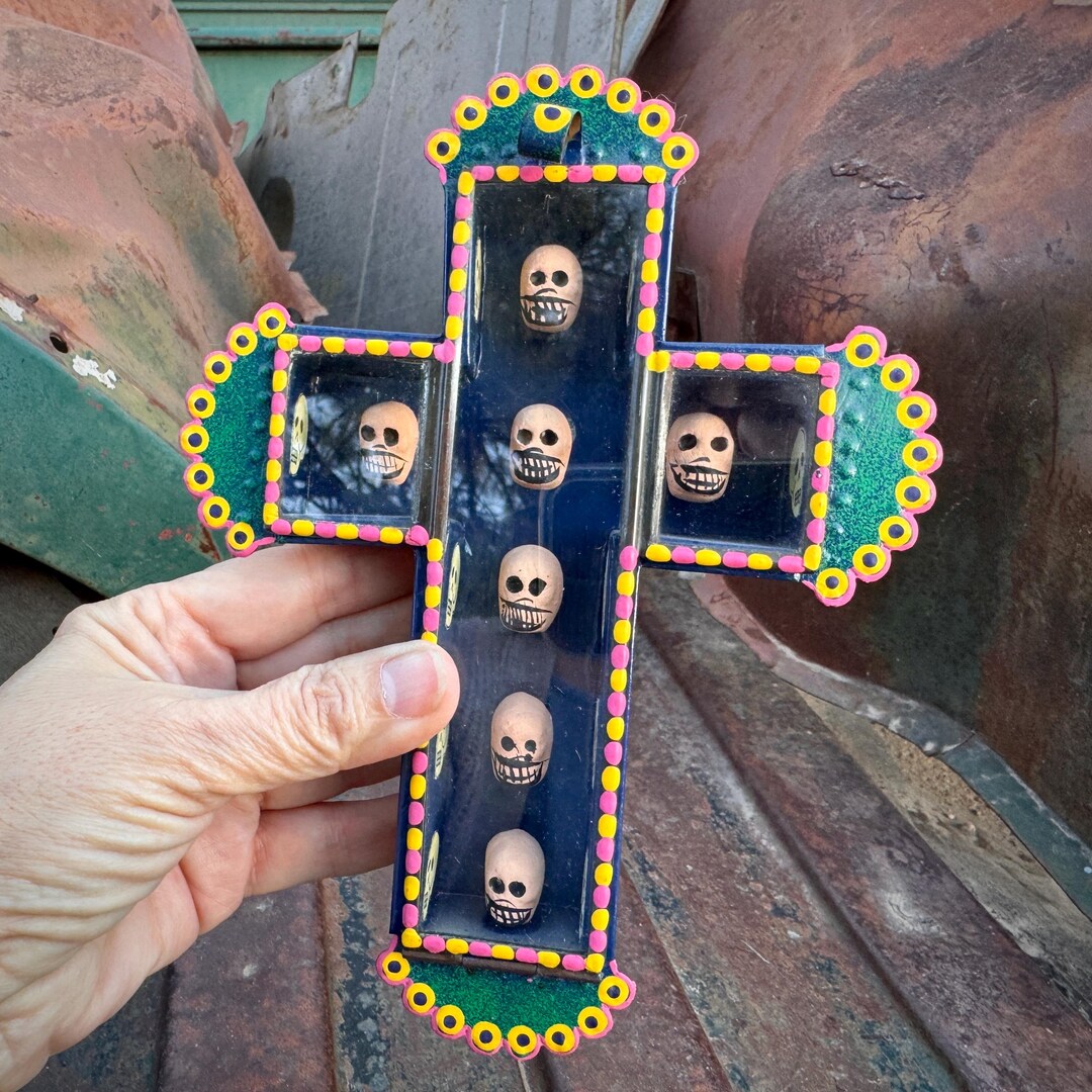 Vintage Mexican Tin & Glass Cross Shrine Wall Hanging W/ Skulls, Oaxaca ...