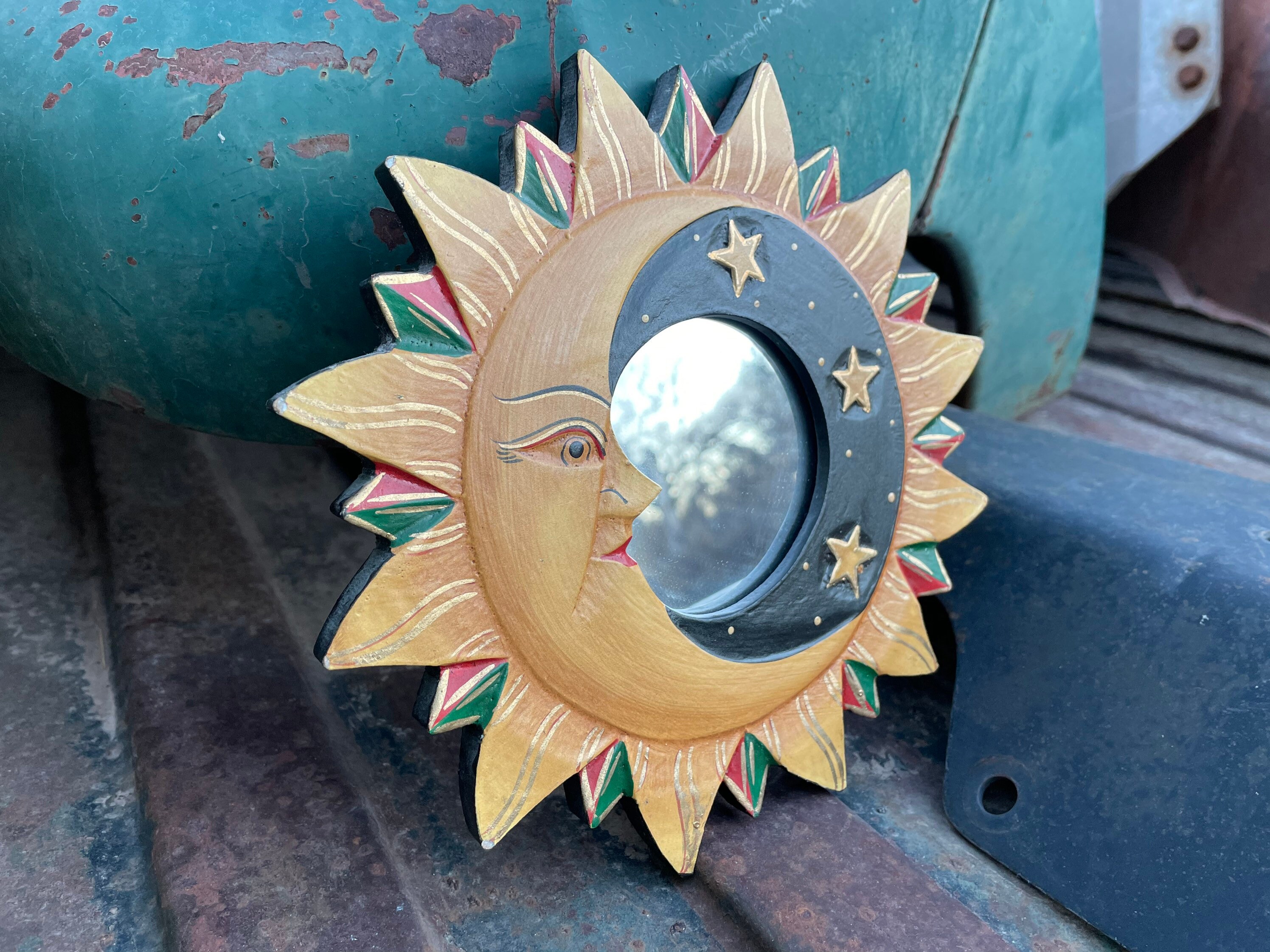 Small Vintage Painted Wood Sun and Moon Small Space Wall Mirror from ...
