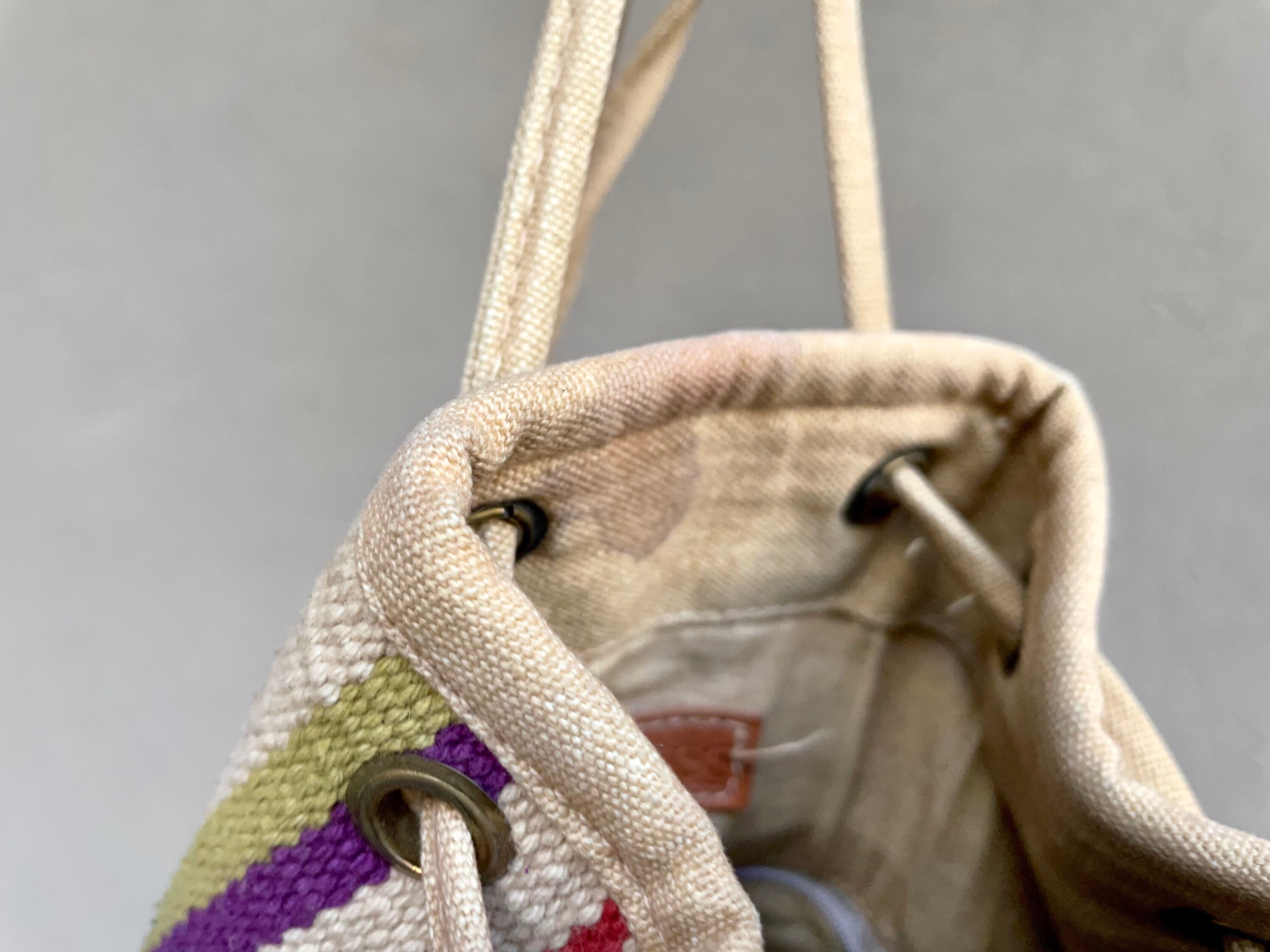 Vintage Woven Fabric Bucket Bag Ruck Sack Beige with Southwestern ...