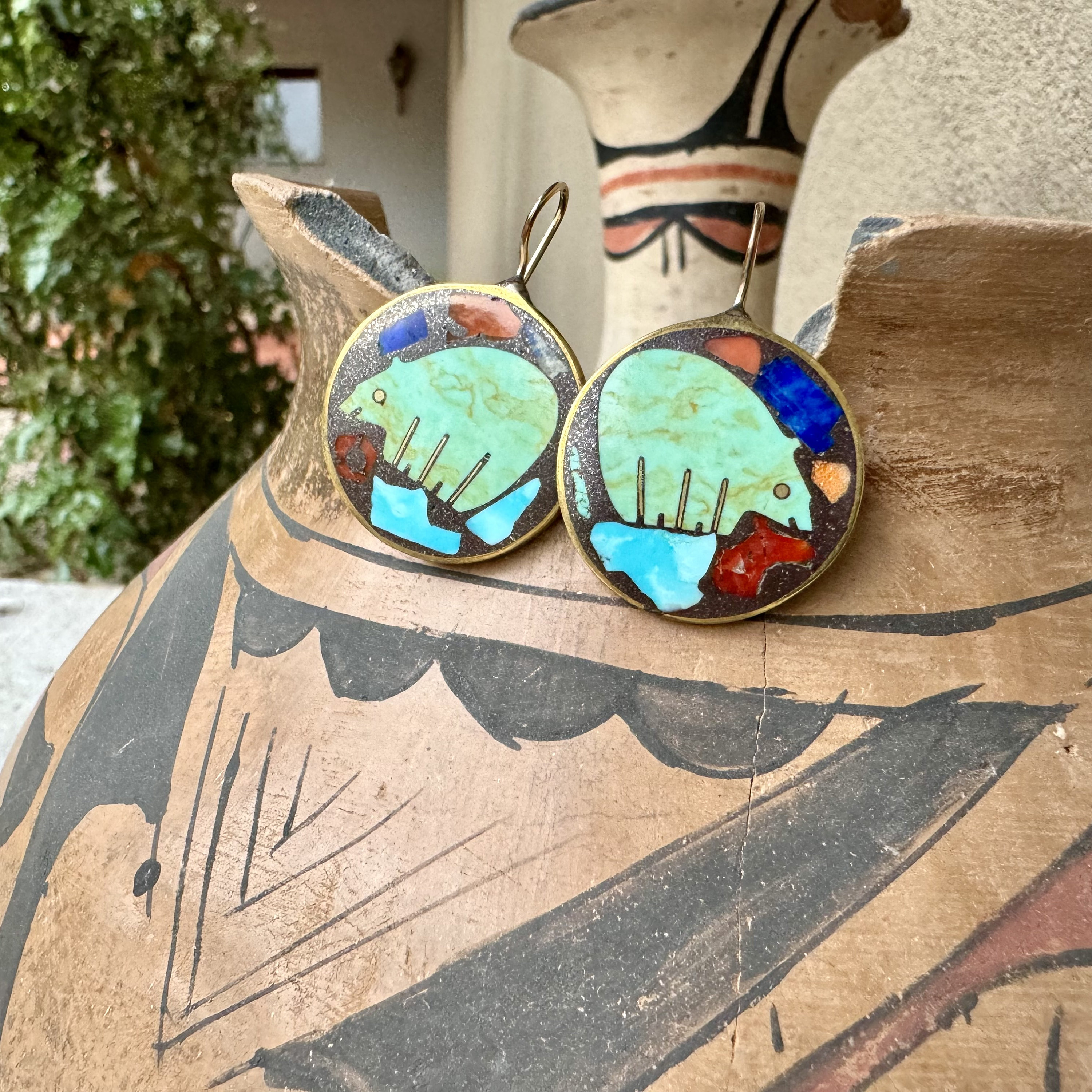Vintage Shows Studio Multi-Stone Turquoise Bear Inlay on Brass Earrings ...