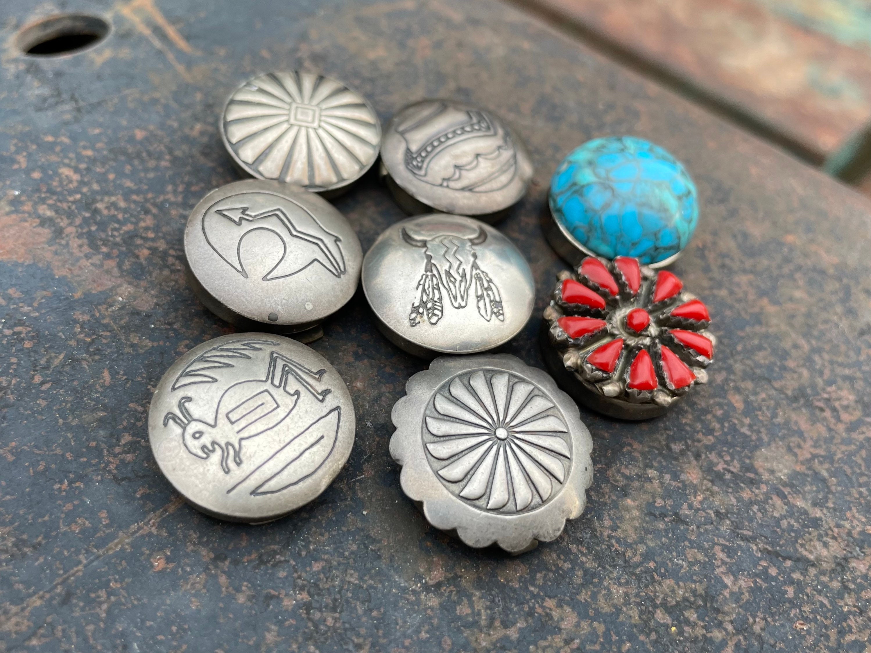 Eight Mismatched Silver Button Covers (One Zuni Coral), Native American ...