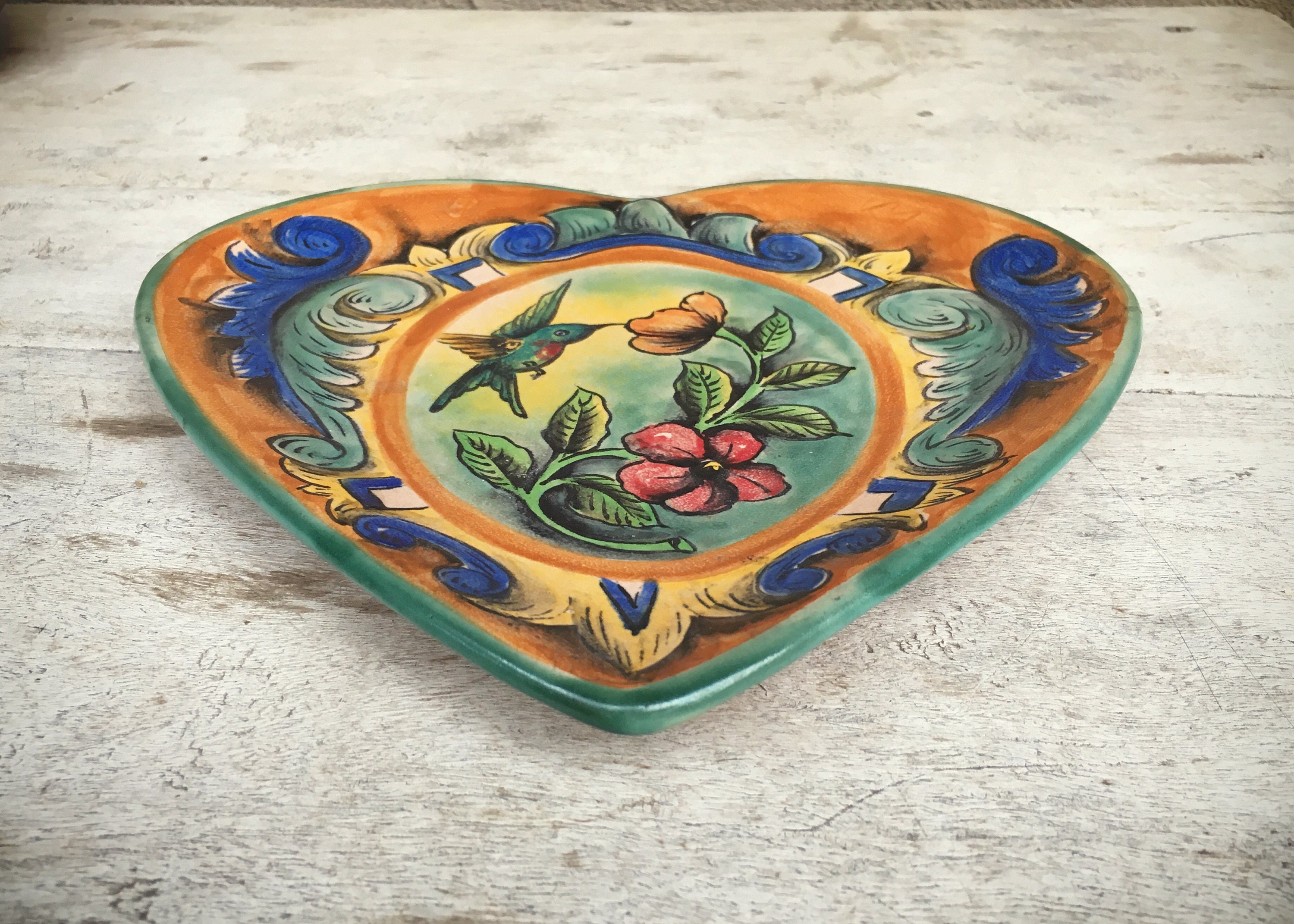 Vintage 10 Mexican pottery heart plate with hummingbird, heart plate ...