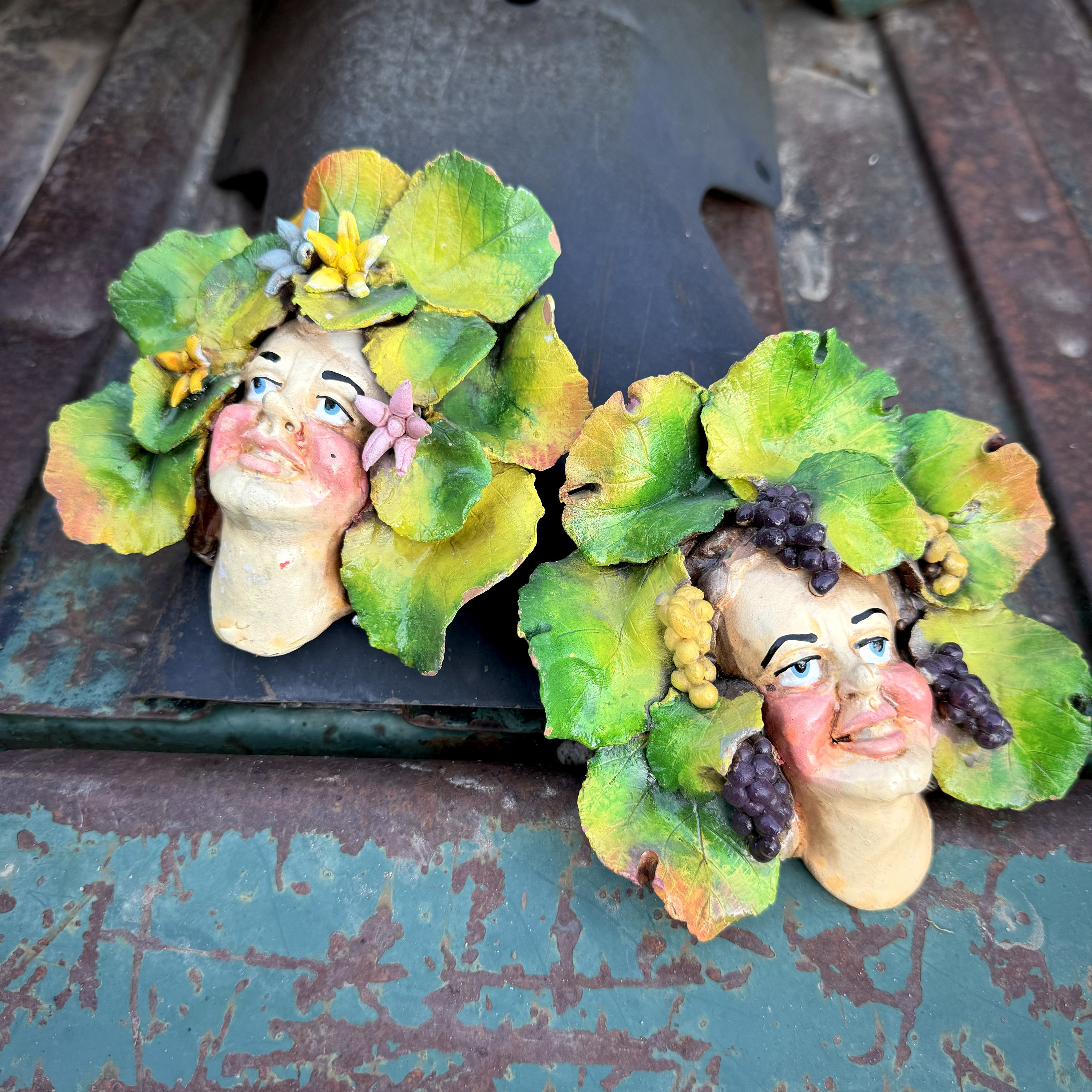 Two Vintage Italian Art Pottery Wall Hangings of Nature Nymph Lady Face ...