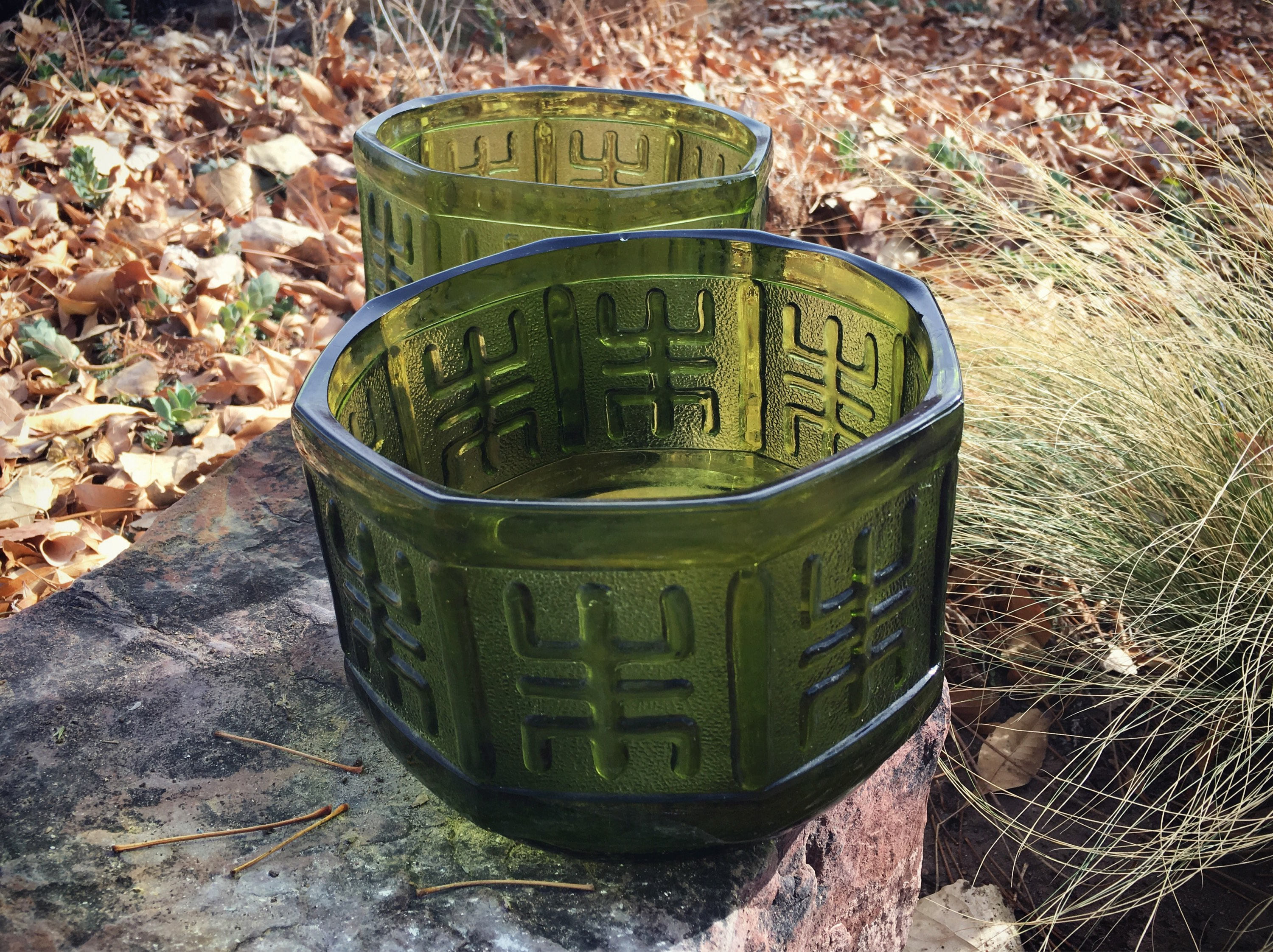 Two Pressed Green Glass Planters Chinoiserie Decor, Patio Decor ...