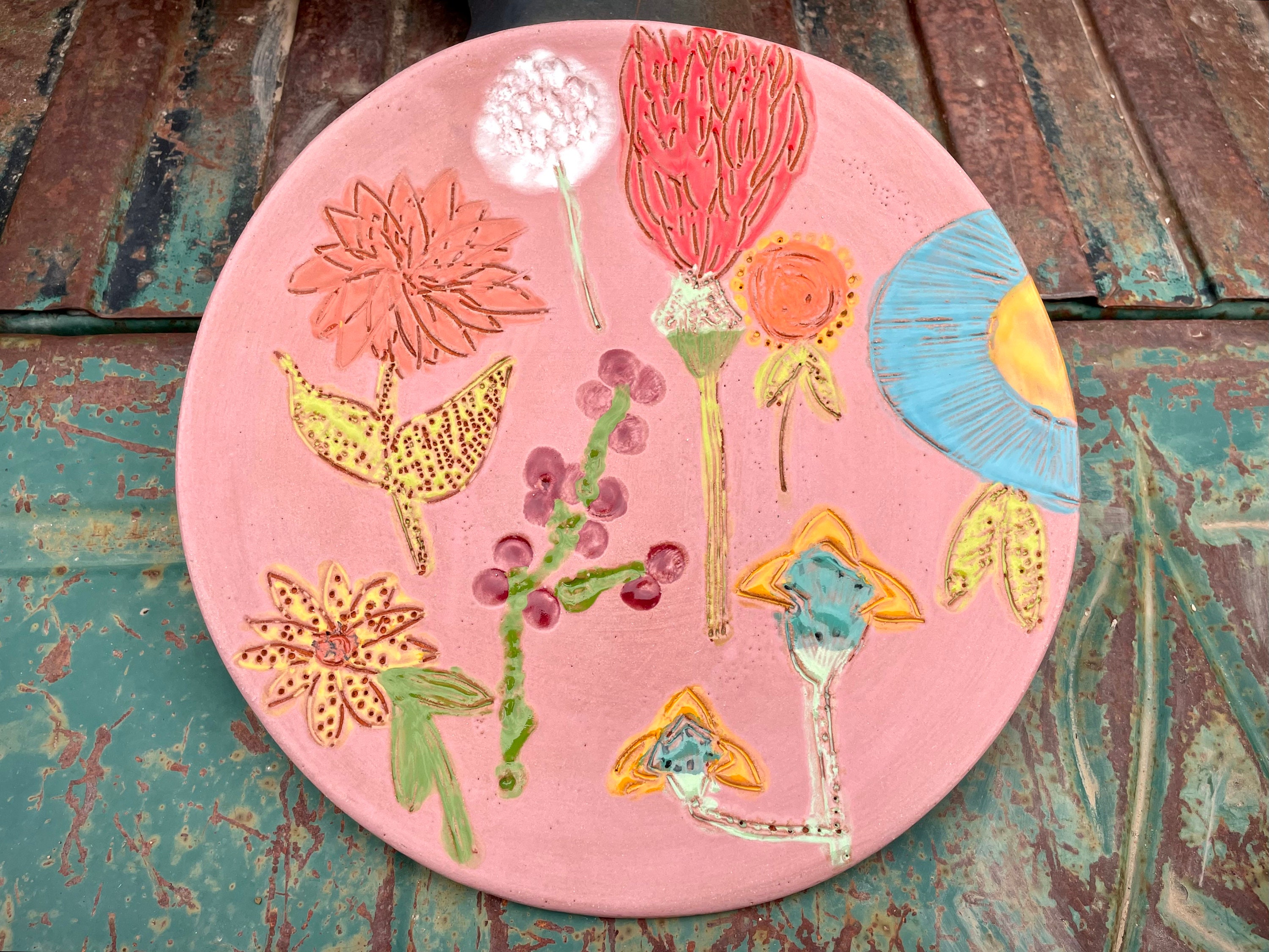 Vintage Large and Heavy Art Studio Plate with Sgraffito Floral Design ...