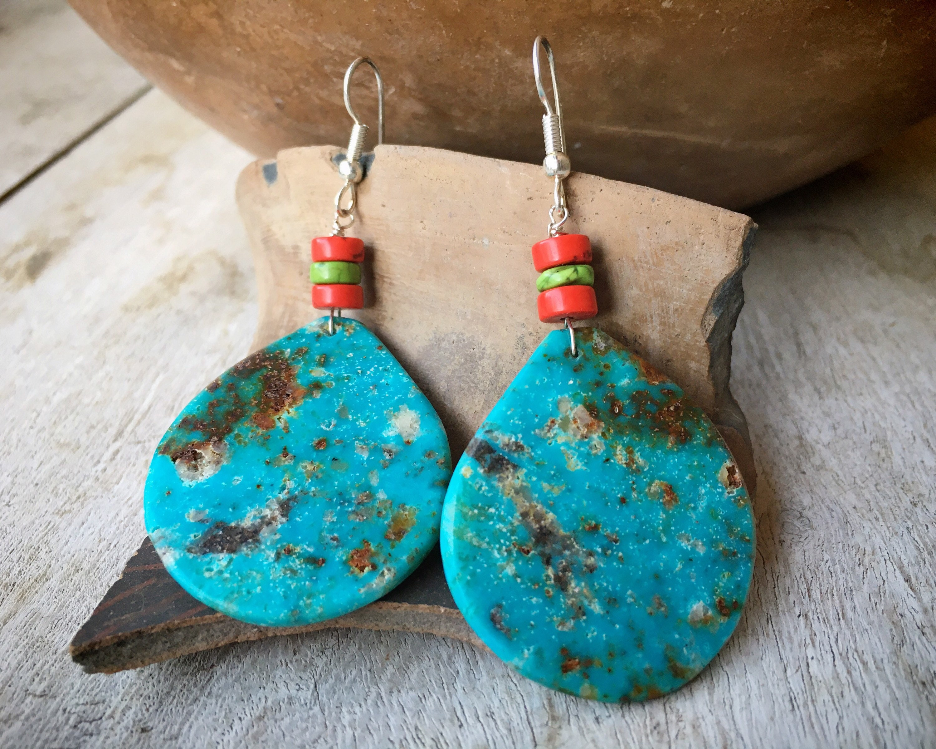 Big Turquoise Slab Earrings with Spiny Oyster Beads, Santo Domingo ...