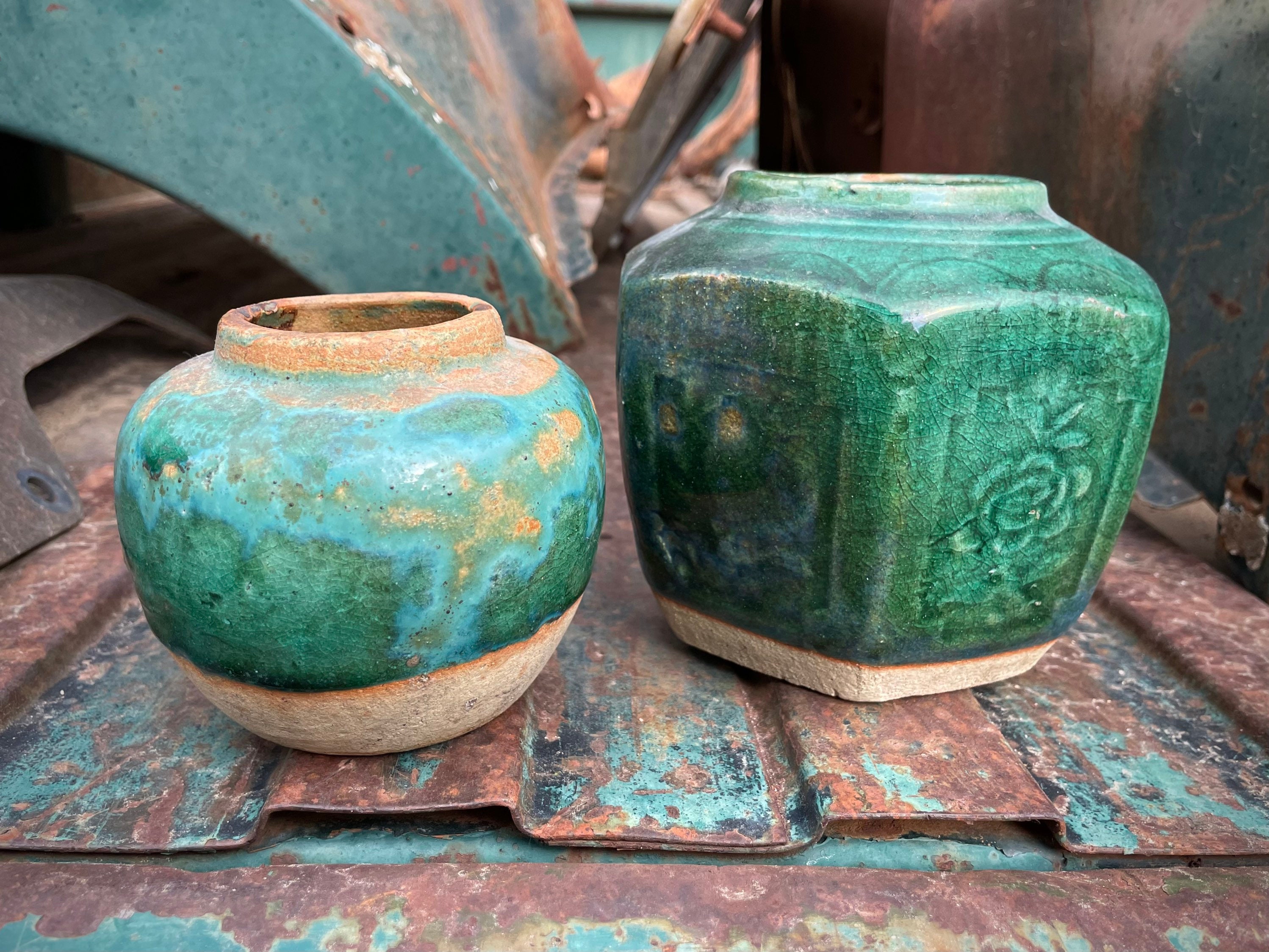Pair of Vintage Chinese Shiwan Pottery Green Glazed Ginger Jars Celadon ...