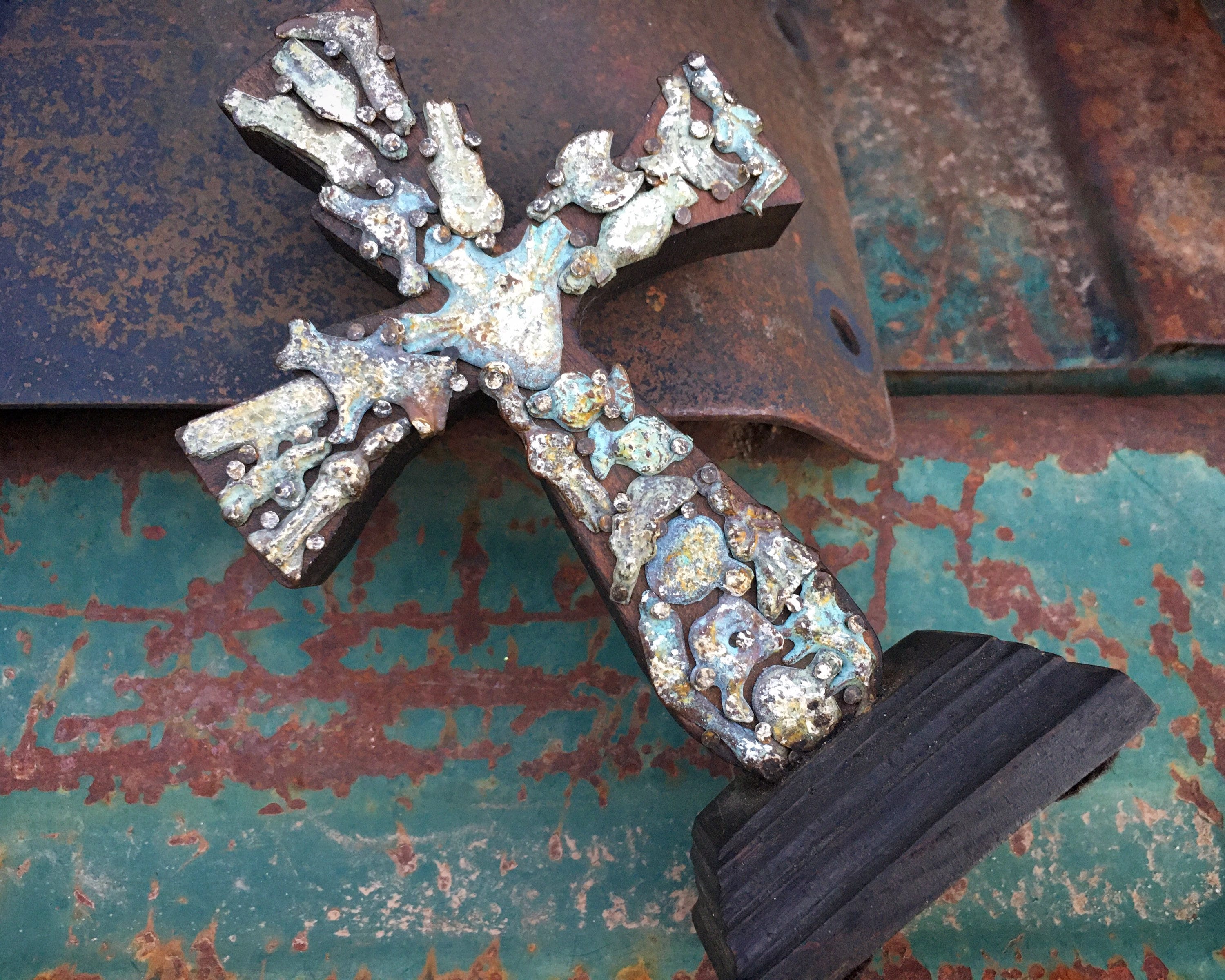 Small Mexican Milagro Cross on Stand with Miracle Art Religious Medals ...