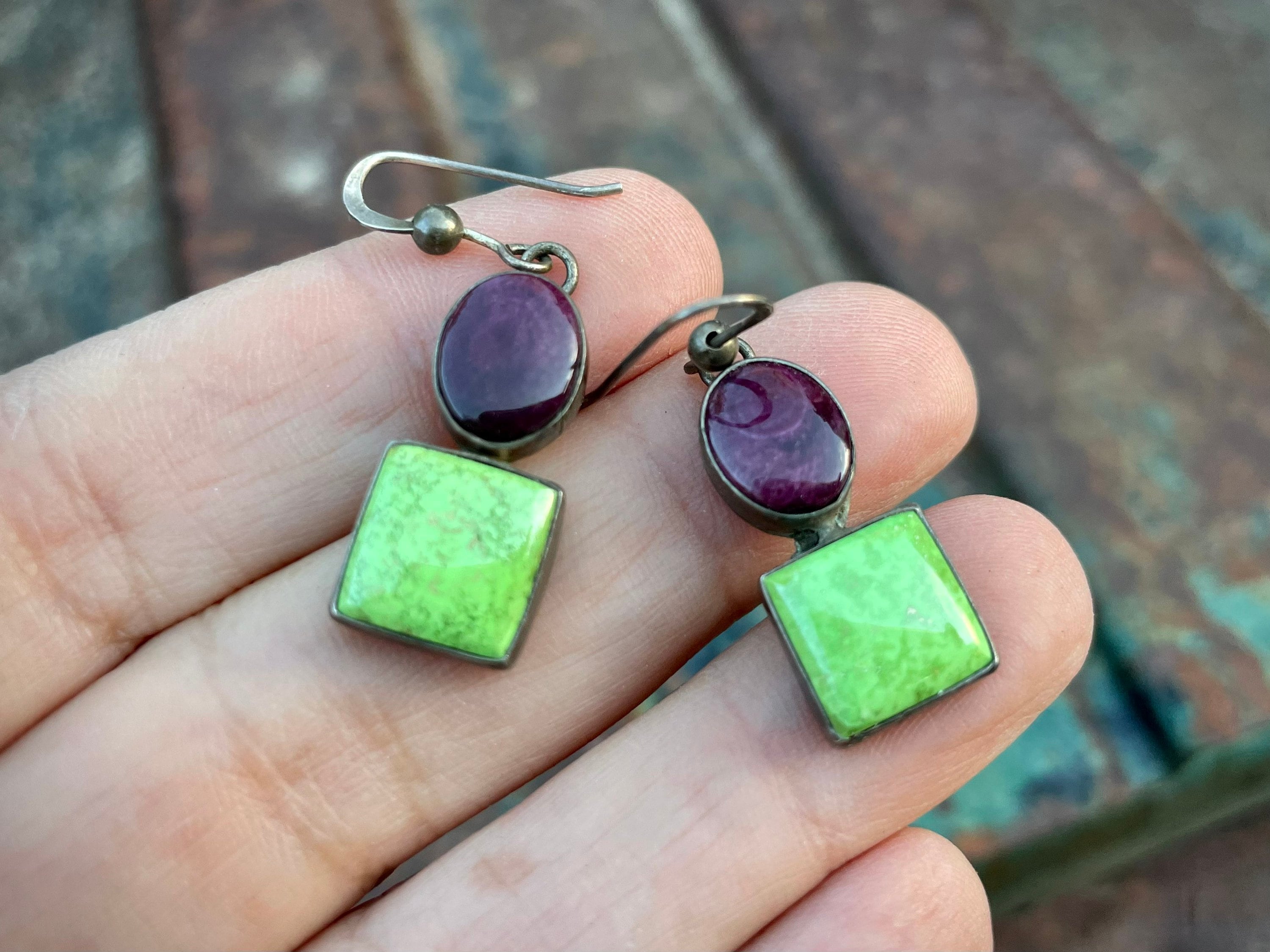 Small Purple Sugilite and Green Gaspeite Earrings by Navajo Sylvia Chee, Vintage Native American