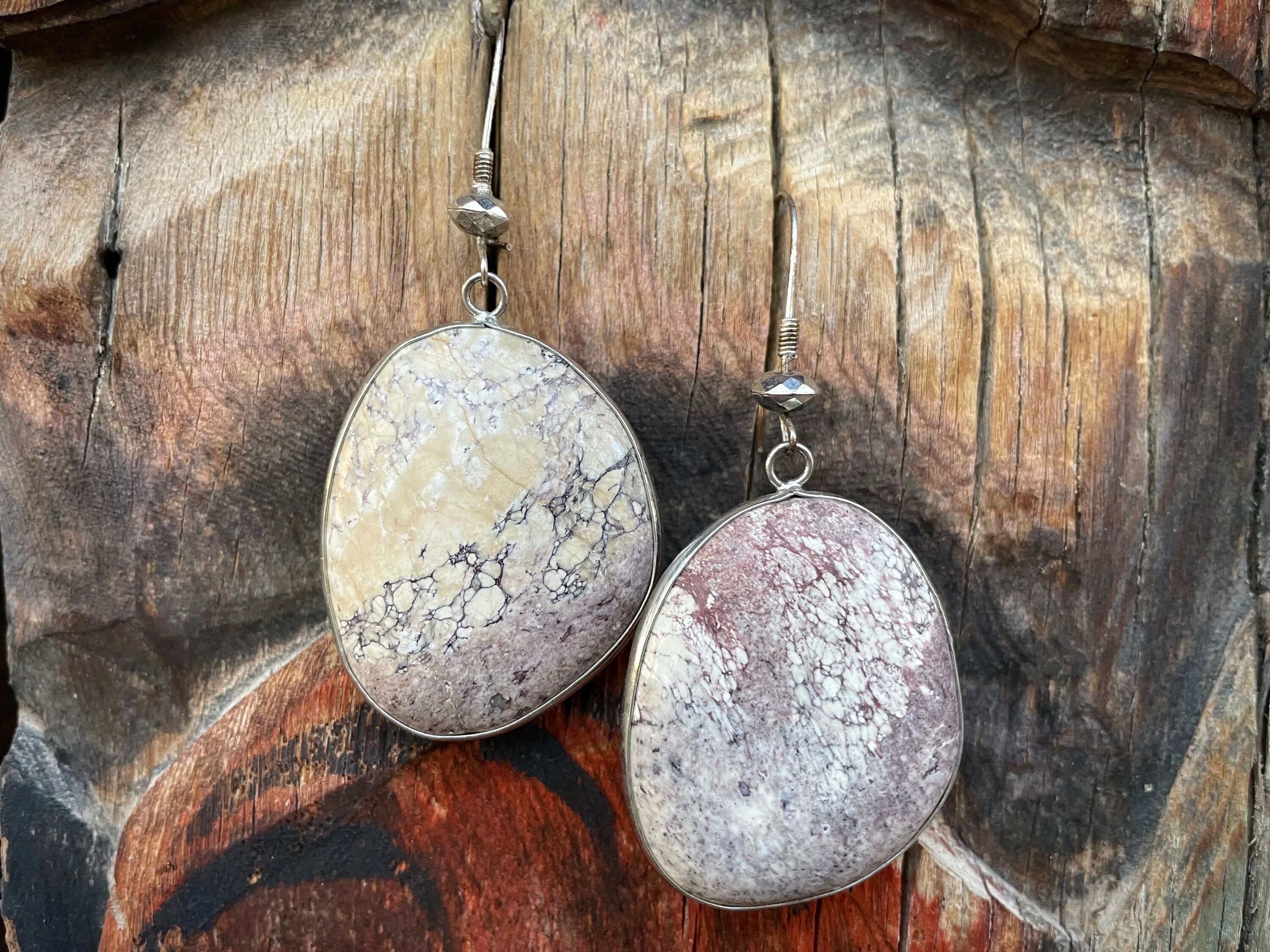 Huge Dangle Earrings with Beige Brown Agate Stone Sterling Silver ...