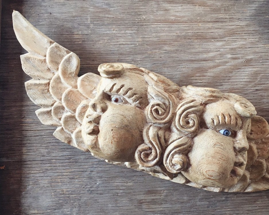 RESERVED FOR LUXE / Vintage Carved Wood Mask Two Angel Baby Cachetones ...